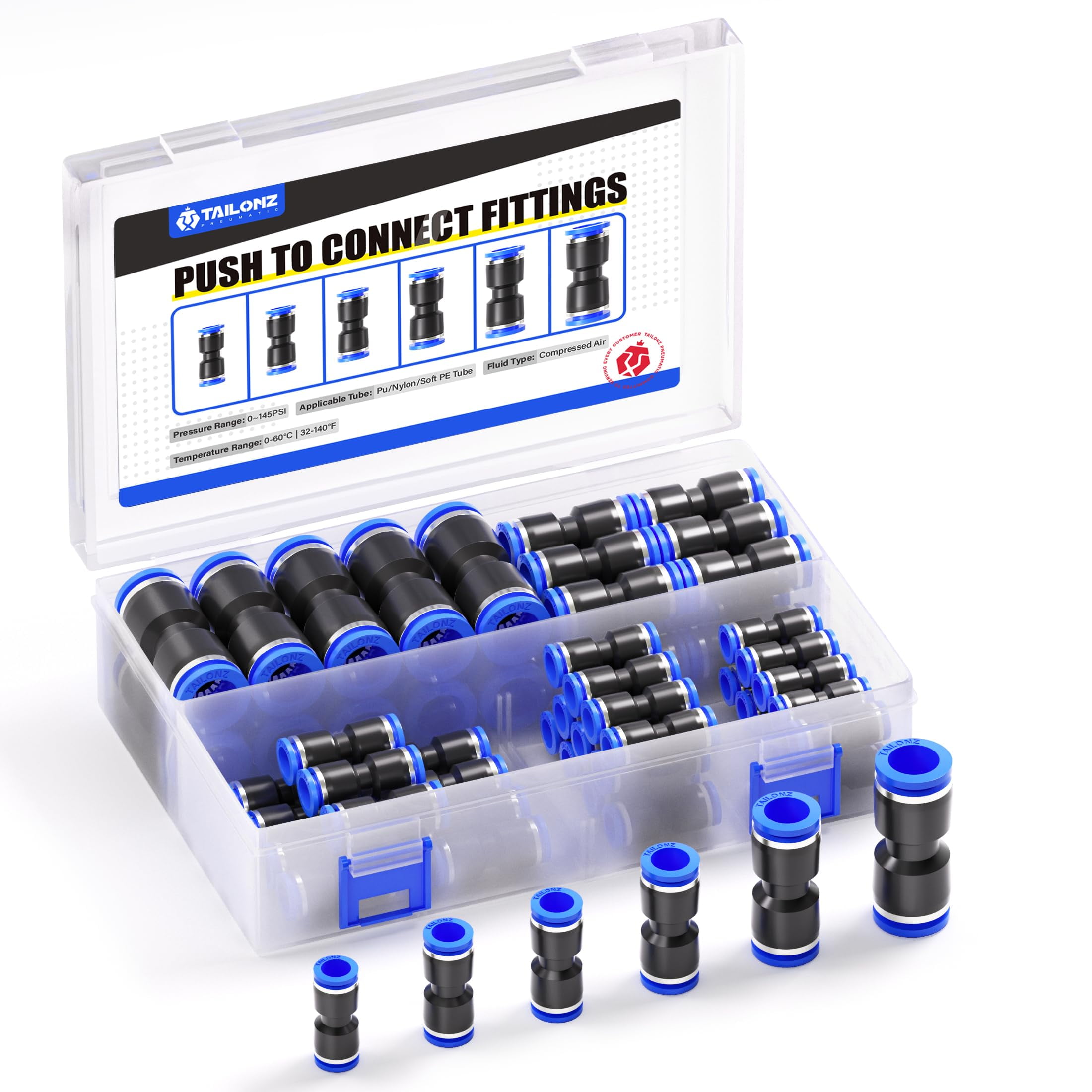 TAILONZ PNEUMATIC 30 pcs Straight Push Connectors Plastic Quick Release ...