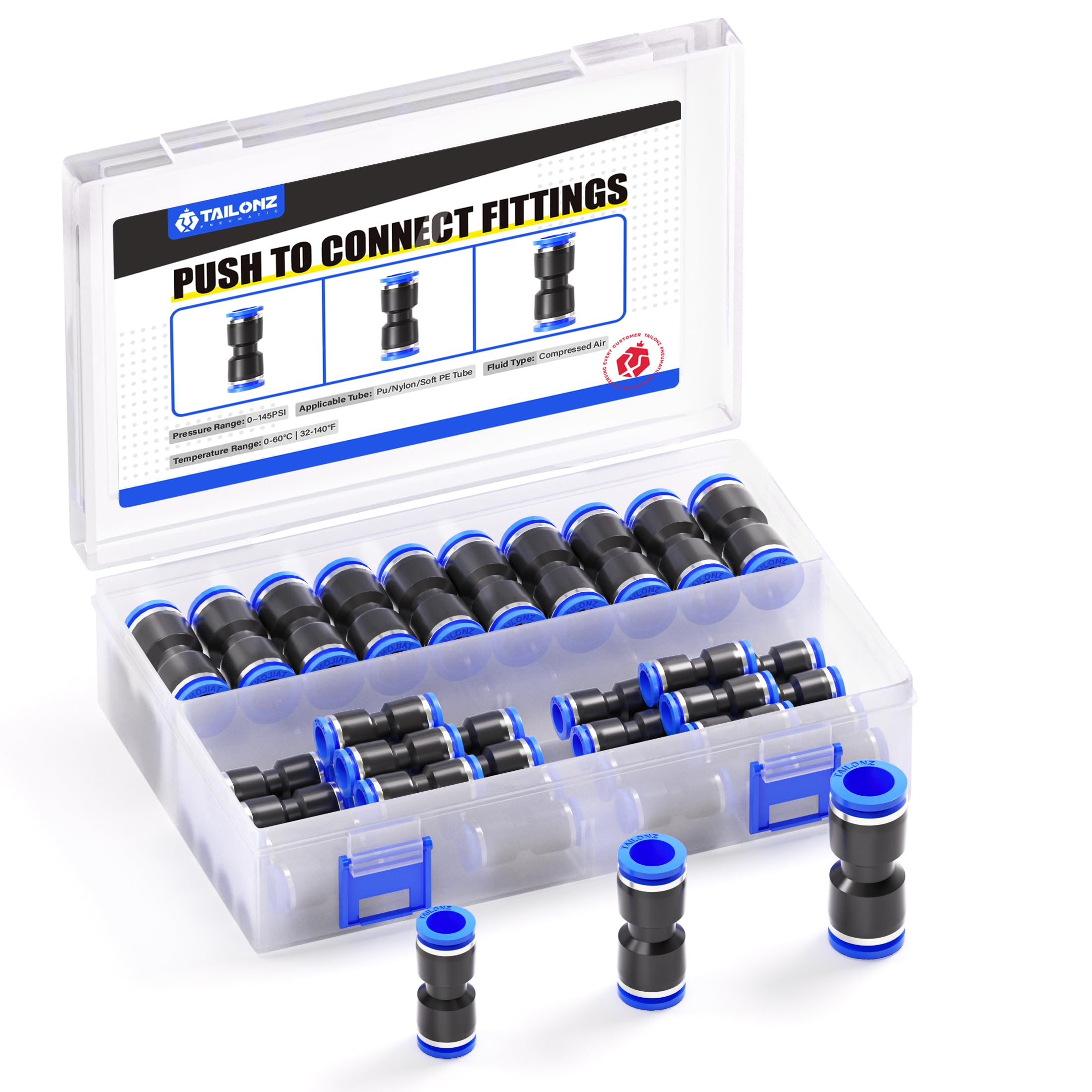 TAILONZ PNEUMATIC 30 pcs Straight Push Connectors Plastic Quick Release ...