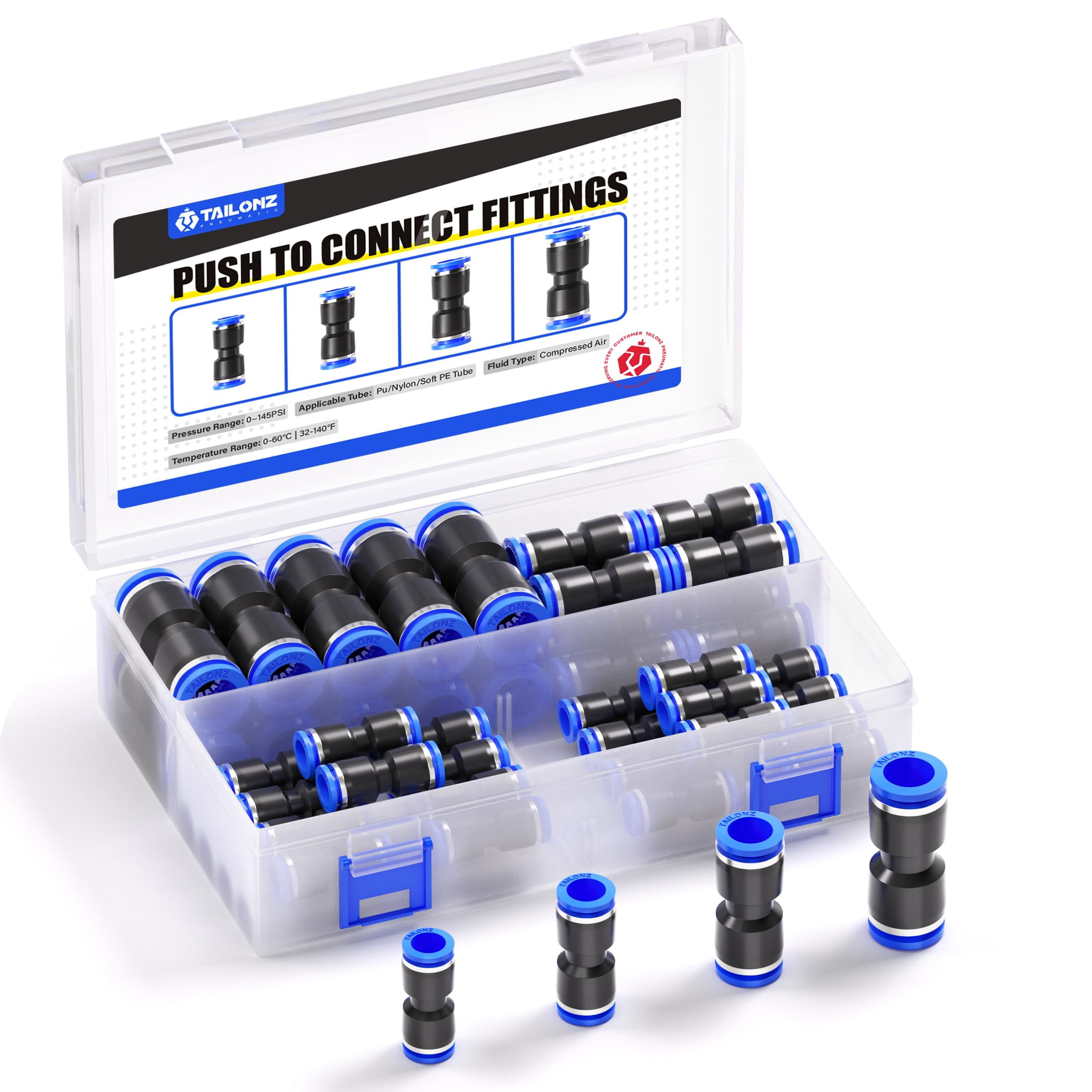 TAILONZ PNEUMATIC 30 pcs Straight Push Connectors Plastic Quick Release ...