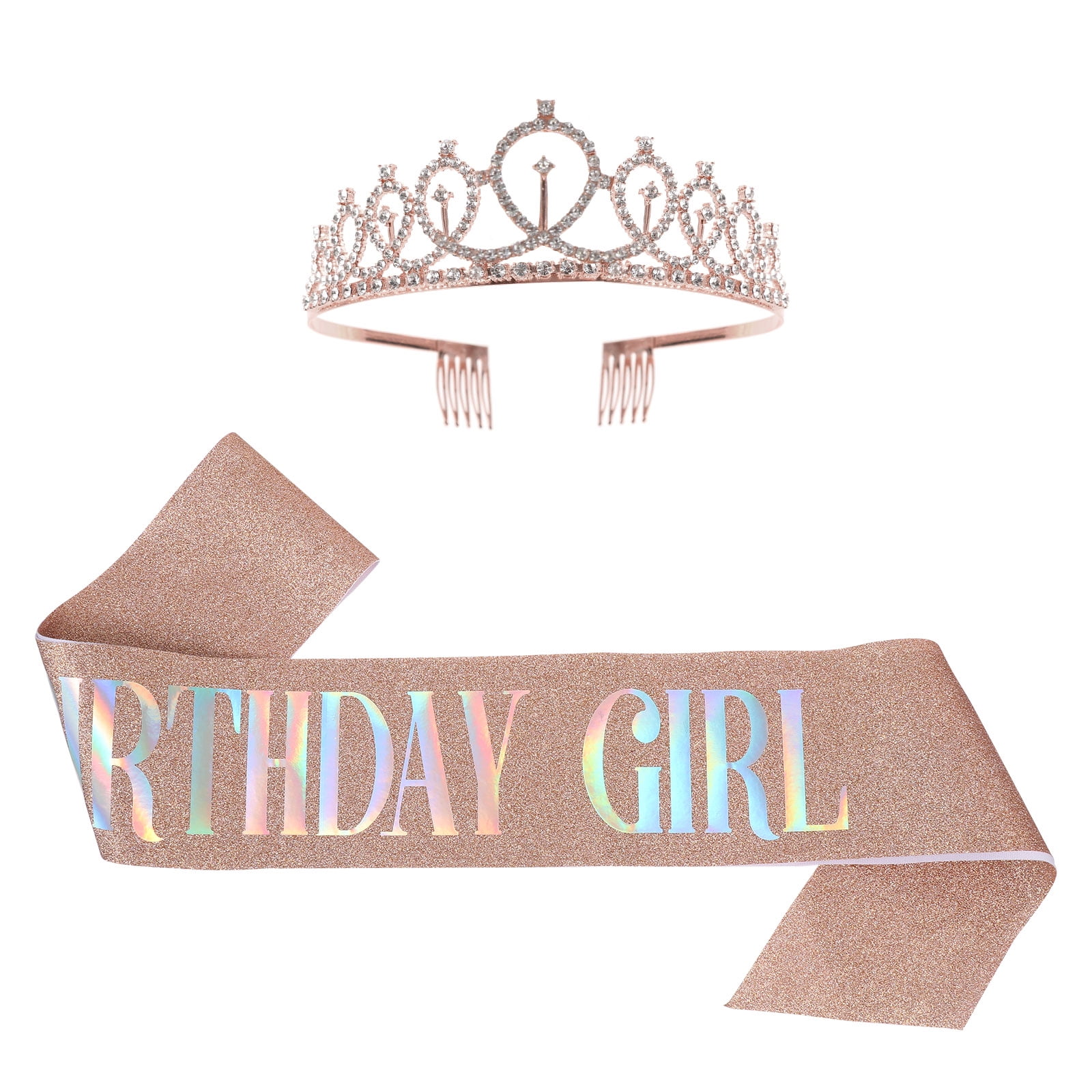 TAILTOSS 2Pcs Pink Rhinestone Crown and Sash for Birthday Party ...