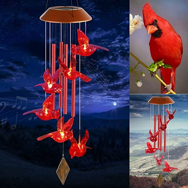 TAKEYOURTIME Solar Powered Cardinal LED Light Wind Chimes for Outdoor ...