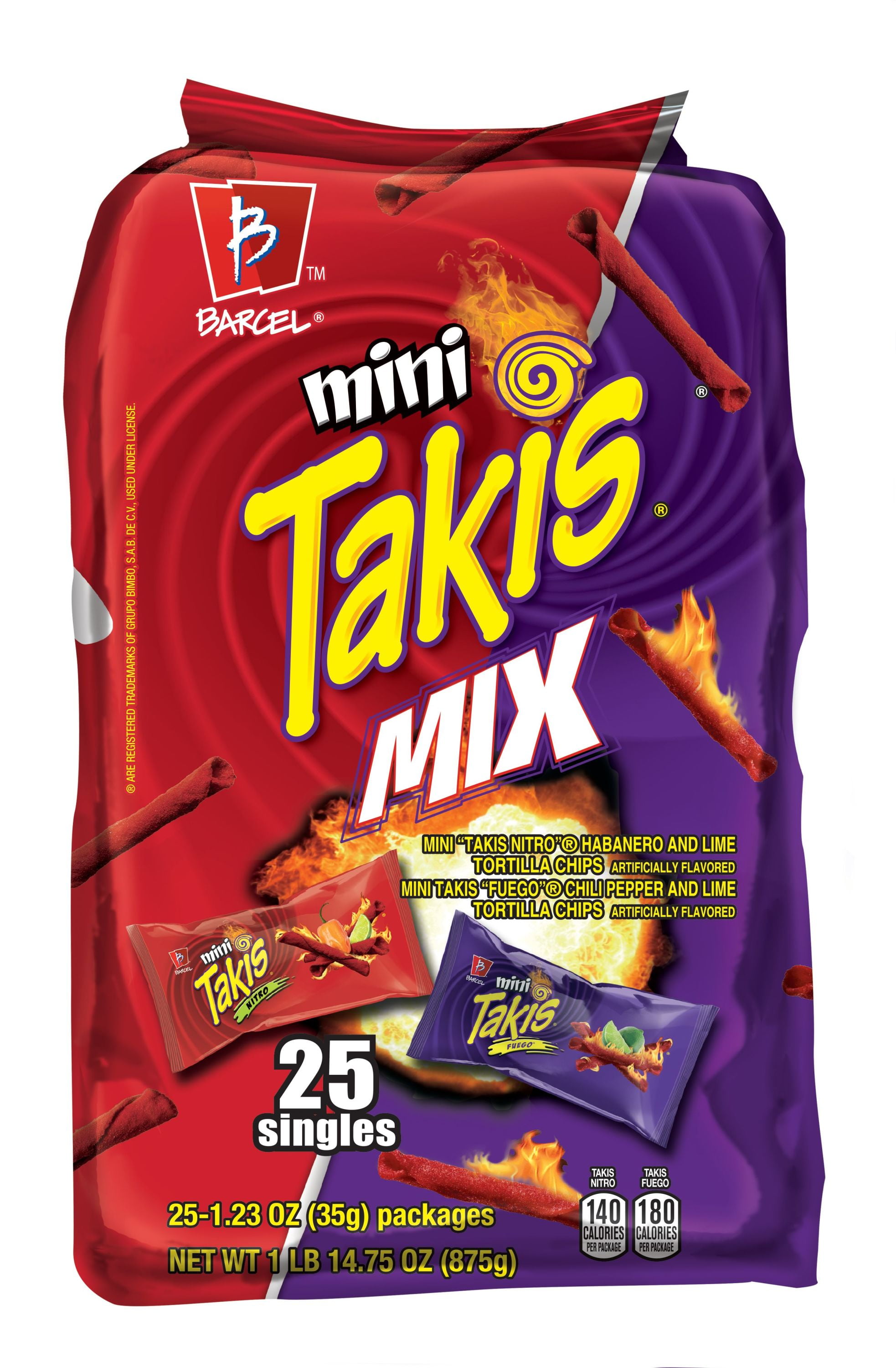 TAKIS Rolled Mini Fuego and Nitro Tortilla Chips Bag of 25 count ...