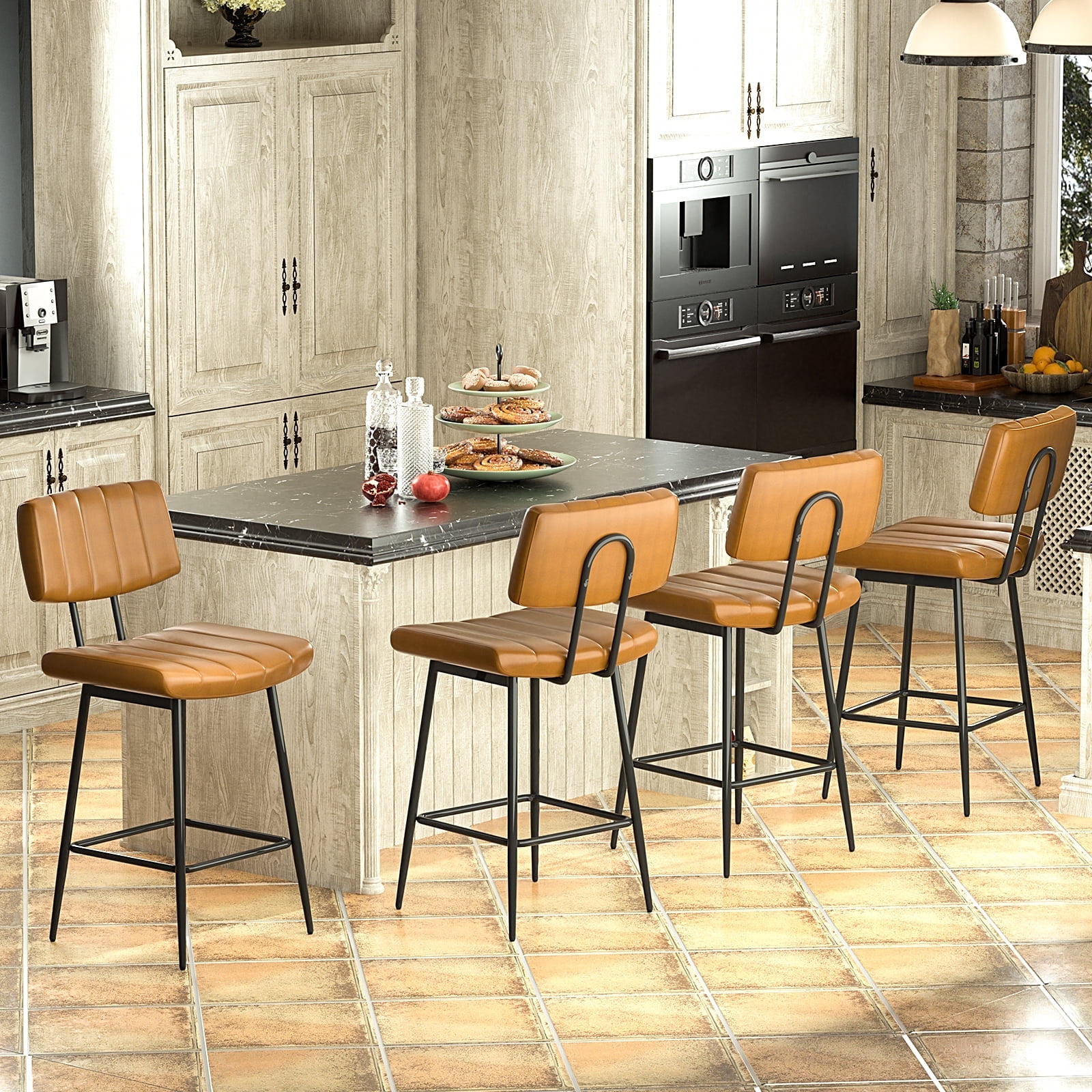 TAKSCO Counter Height Bar Stools Set of 4, PU Leather 26" Kitchen ...