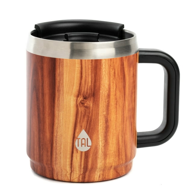 TAL Insulated Travel Coffee Mug with Handle and Lid, 14oz Dark Wood ...