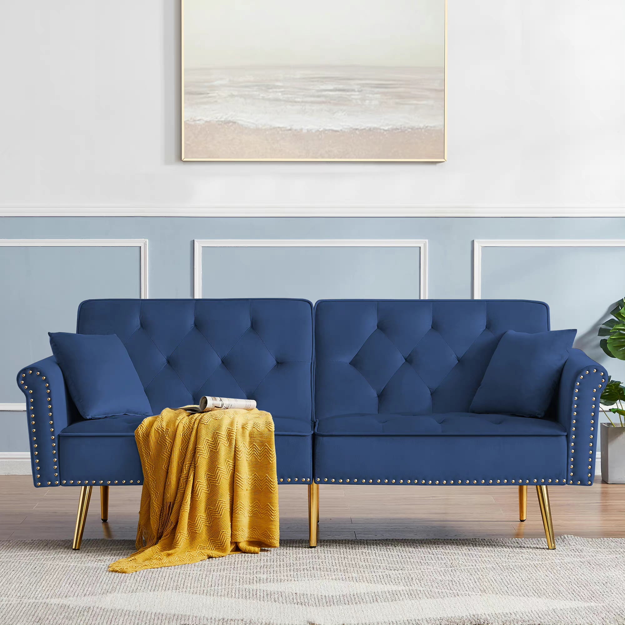 TALEMOHO Velvet Couch Futon Sofa Bed for Living Room- 2 Pillows and ...