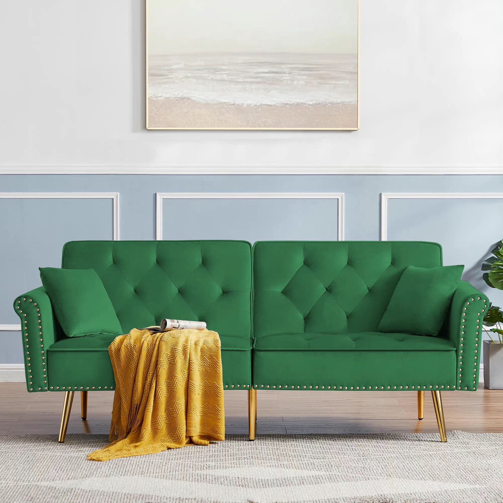 TALEMOHO Velvet Couch Futon Sofa Bed for Living Room- 2 Pillows and ...