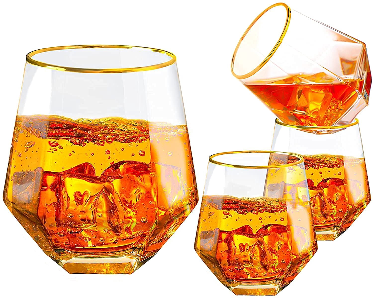 TAMQUSAK 2 Pcs Diamond Whiskey Glasses Rocks Glasses Gold Banded ...