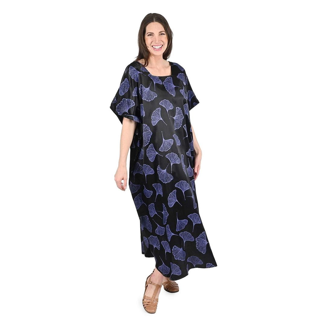 TAMSY Blue Color Leaf Print Silk Blend Square Neck Kaftan - One Size ...
