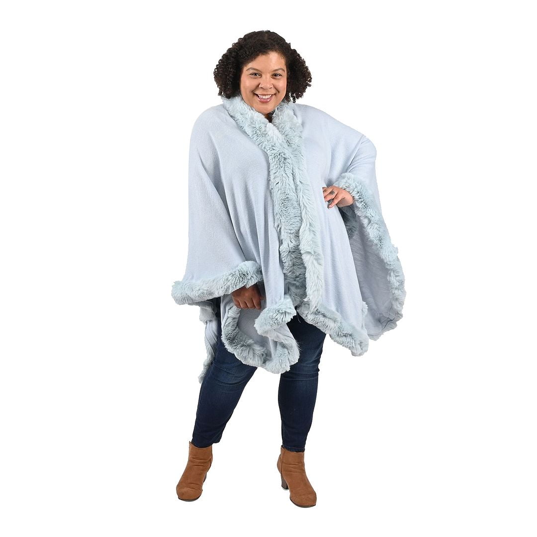 TAMSY Ice Blue Color Ruana Ultra-Soft with Faux Fur Trim - One Size ...