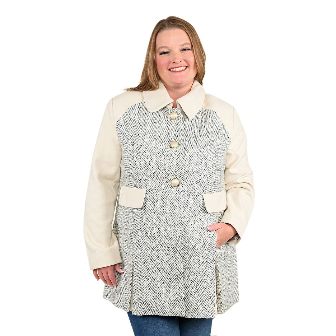 TAMSY Off White Geometric Pattern Full Sleeve Collared Acrylic Trench ...