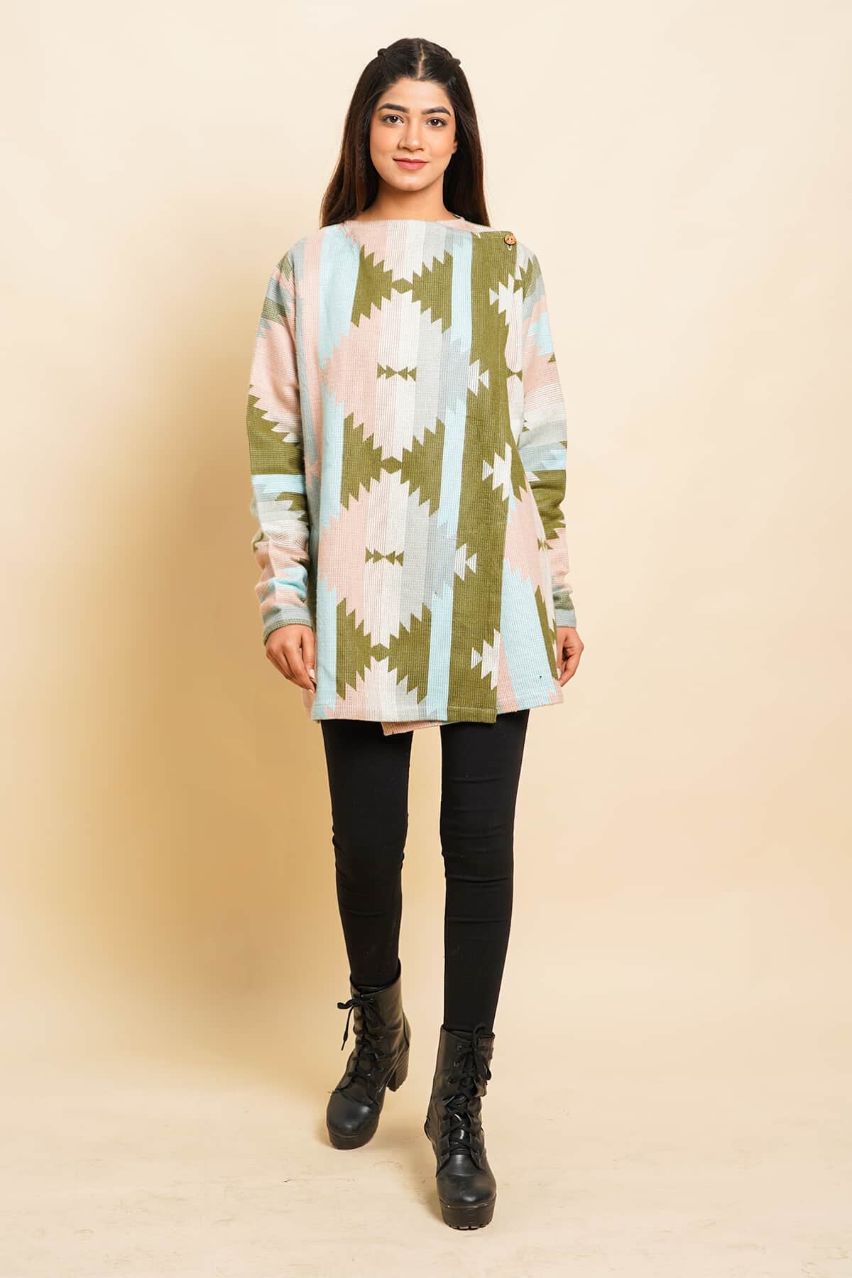 TAMSY Peach & Olive Color Open Front Jacquard Jacket Size - One Size ...