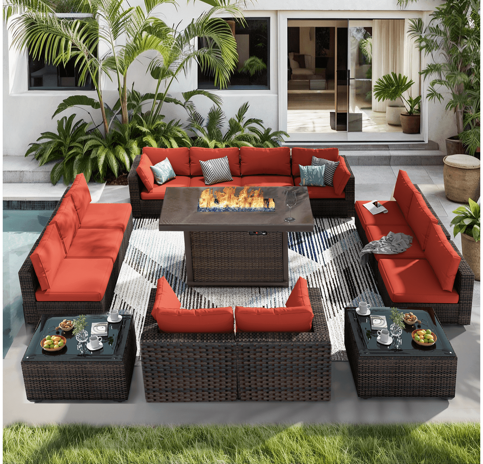 TANGJEAMER 15pc All-Weather Patio Set with Fire Pit, PE Rattan ...