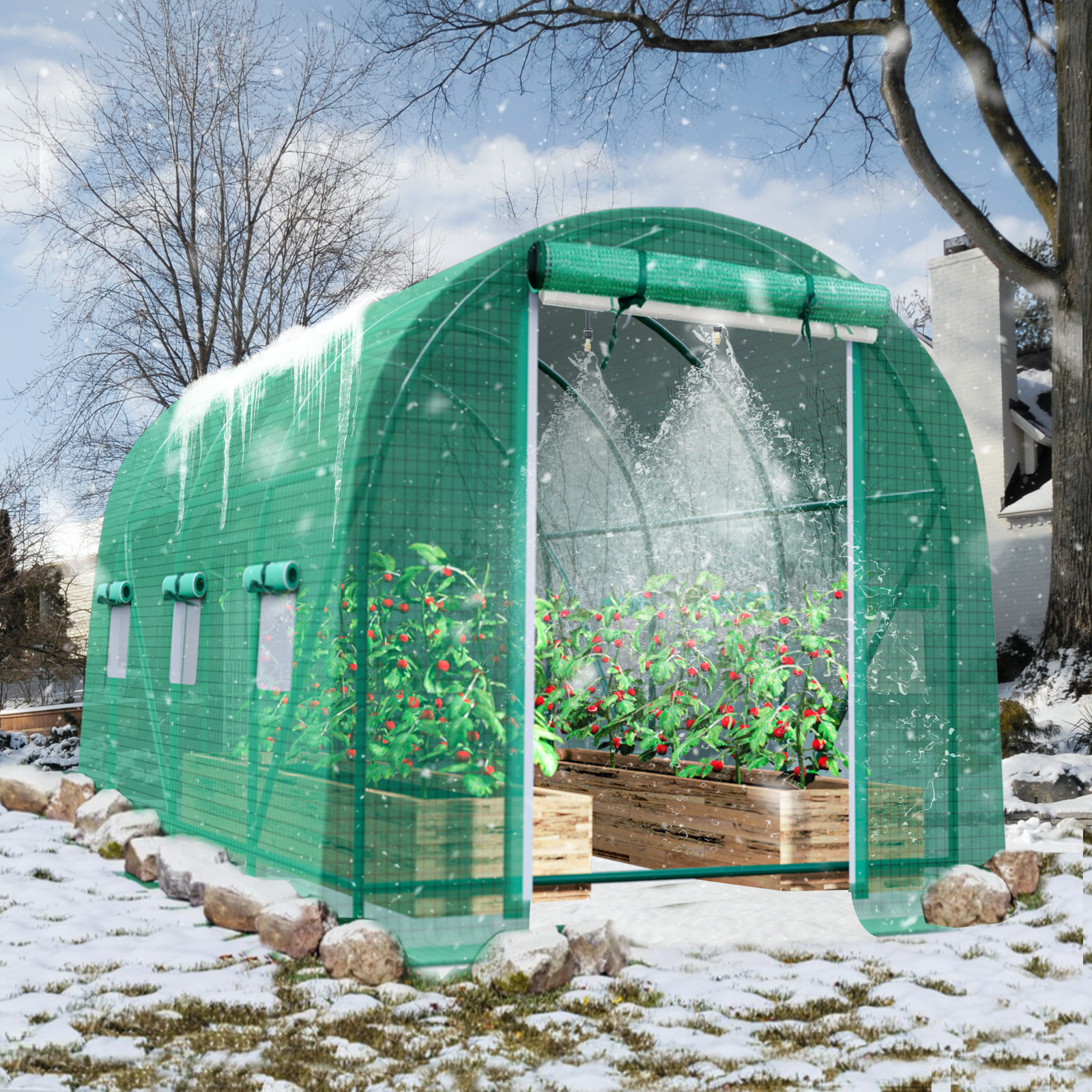 TANGJEAMER Greenhouse with Watering System, 10x7x7 Outdoor Greenhouse ...