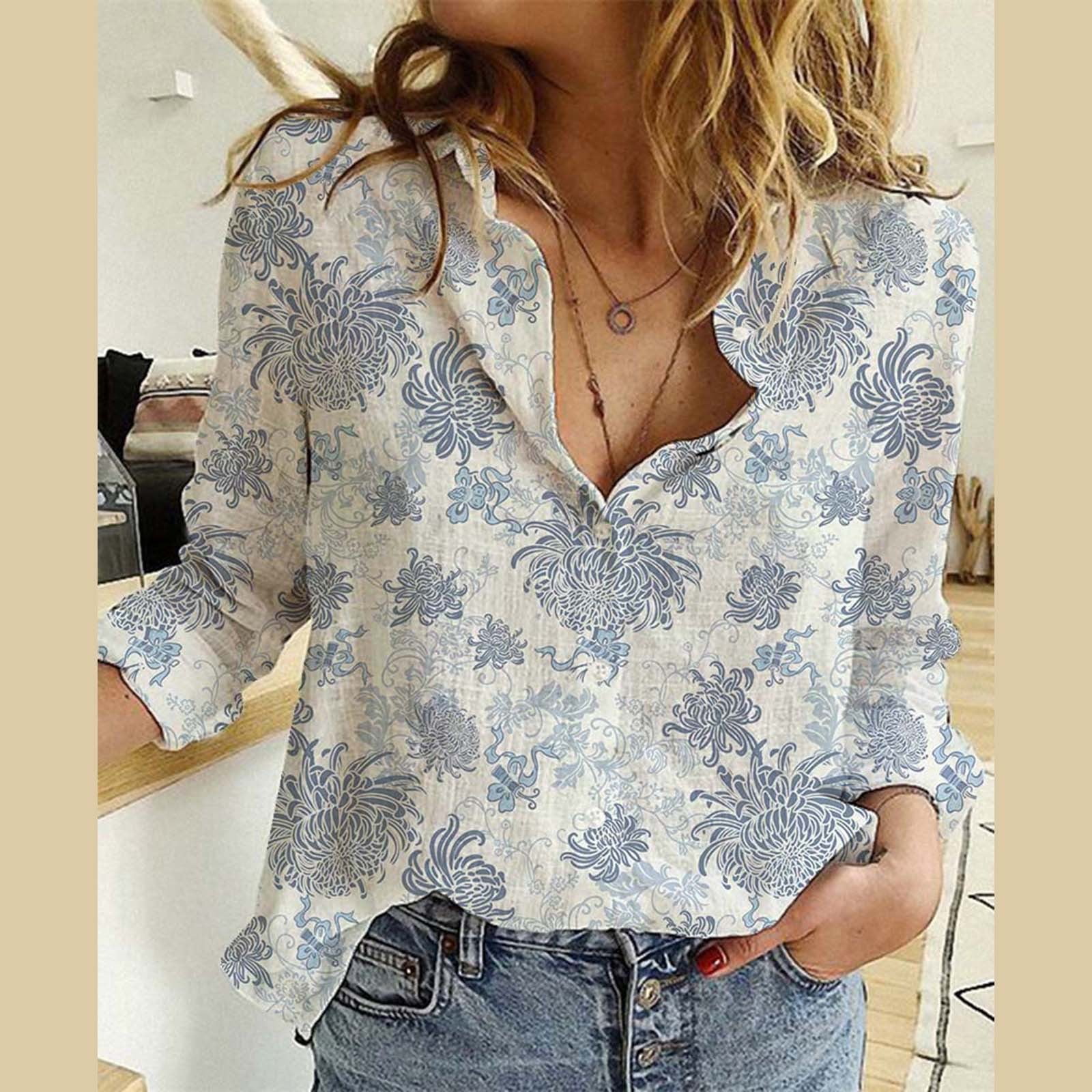 TANGNADE Flower Print Button Down Long Sleeve Shirt for Women Casual ...