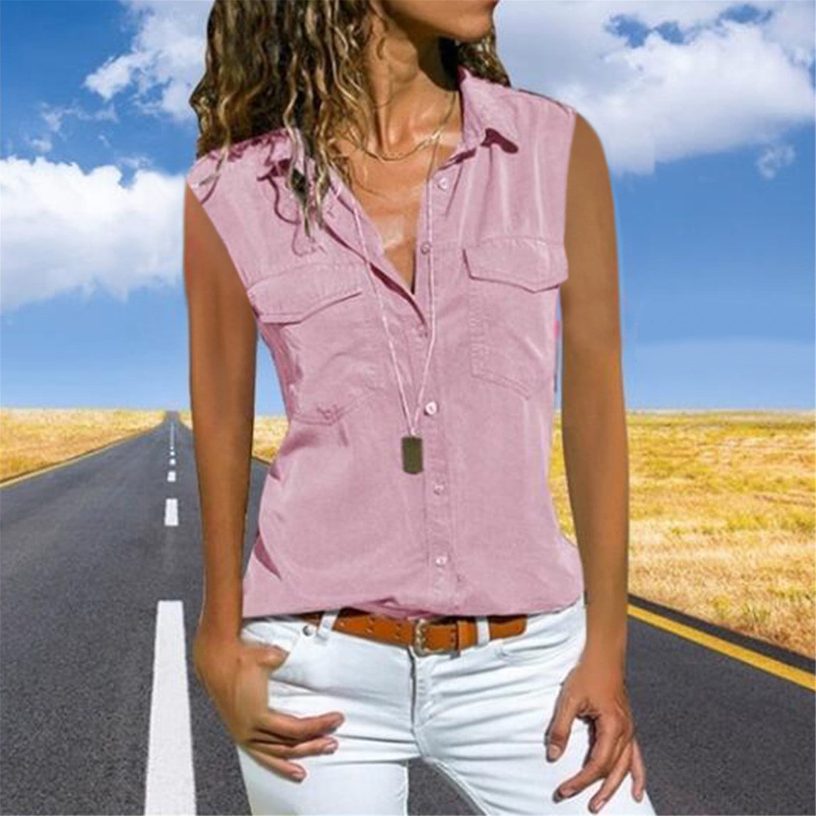 TANGNADE Women Casual Solid Sleeveless Turn Down Collar Pockets Button ...