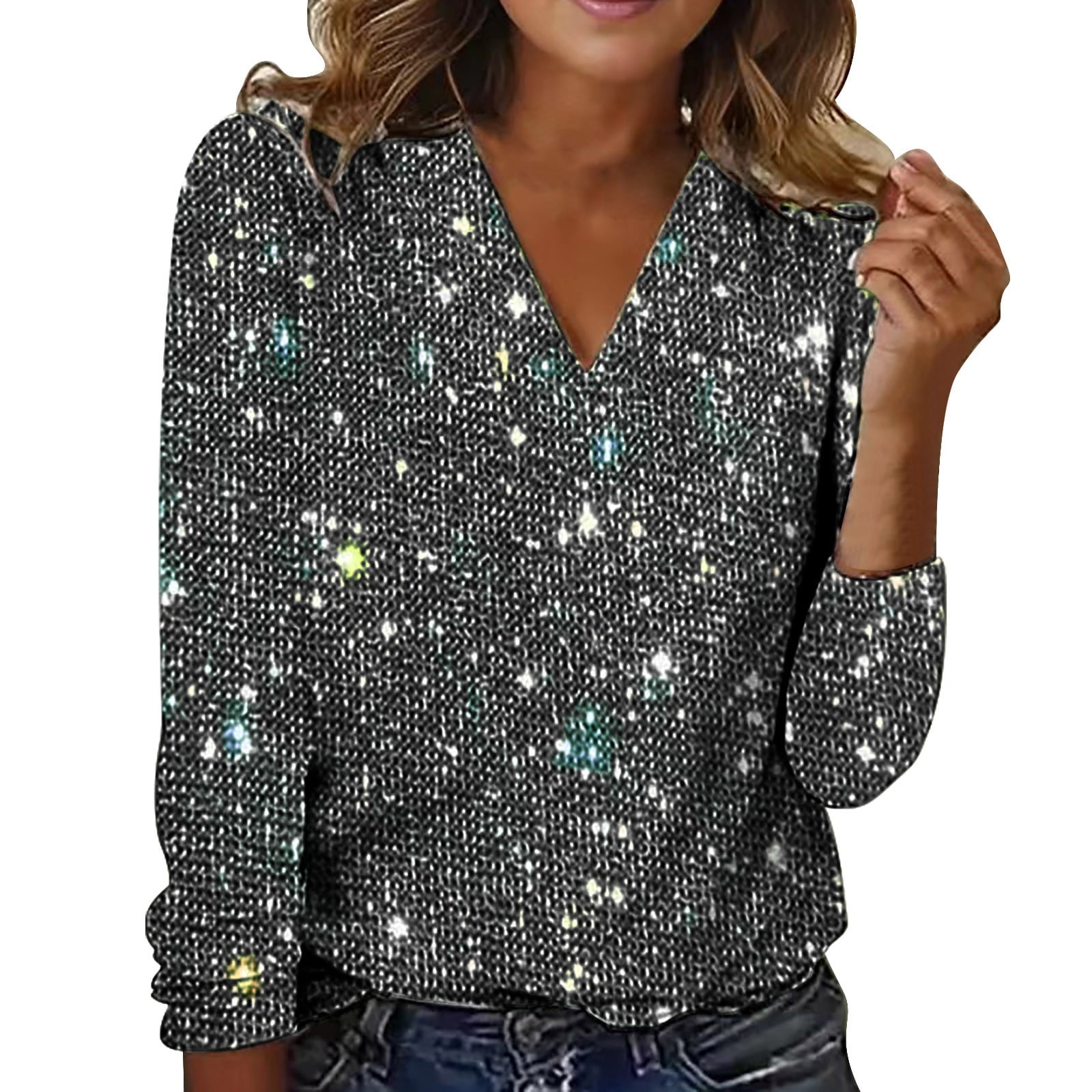 TANGNADE Women Tops Sequin Printed Long Sleeve V-Neck Women's Spring ...