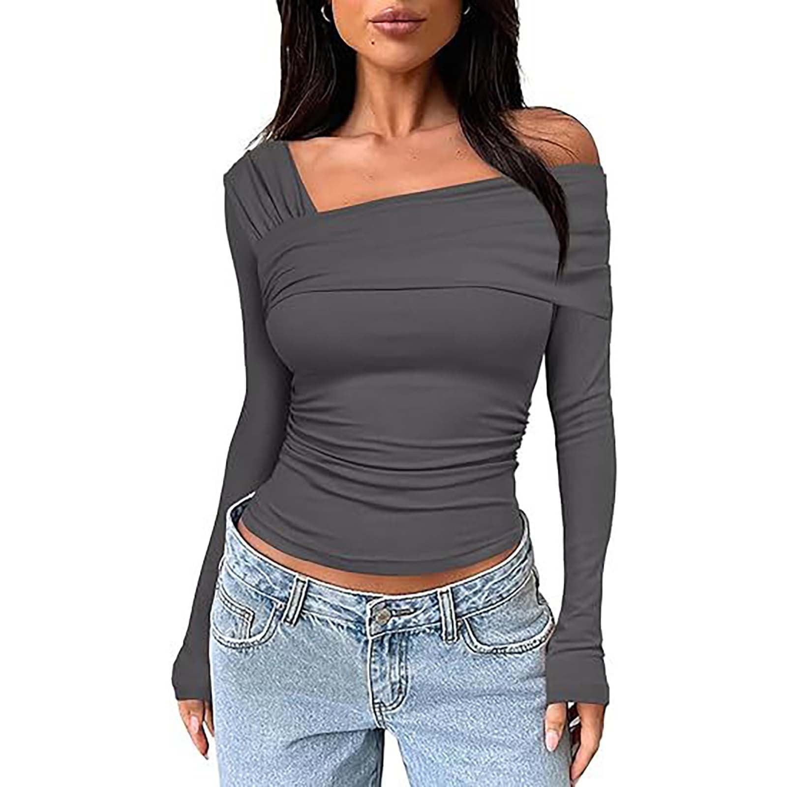 TANGNADE Women's One Off Shoulder Long Sleeve Top Ruched Going Out Tops ...