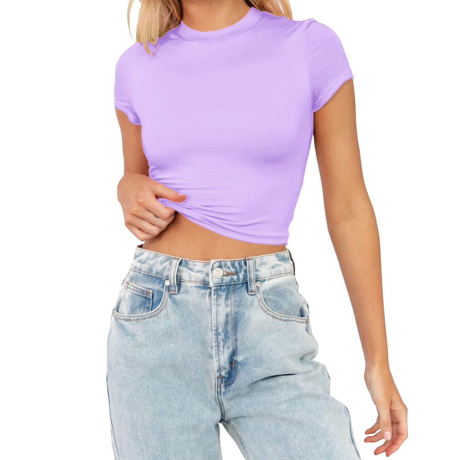 TANGNADE Womens Fashion Summer Short Sleeve Solid Color Cute Crop Tops ...