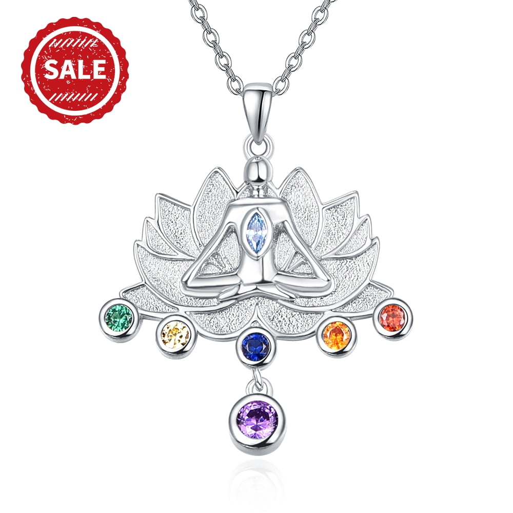 TANGPOET 7 Chakra Yoga Necklace Lotus Flower 925 Sterling Silver Womens ...