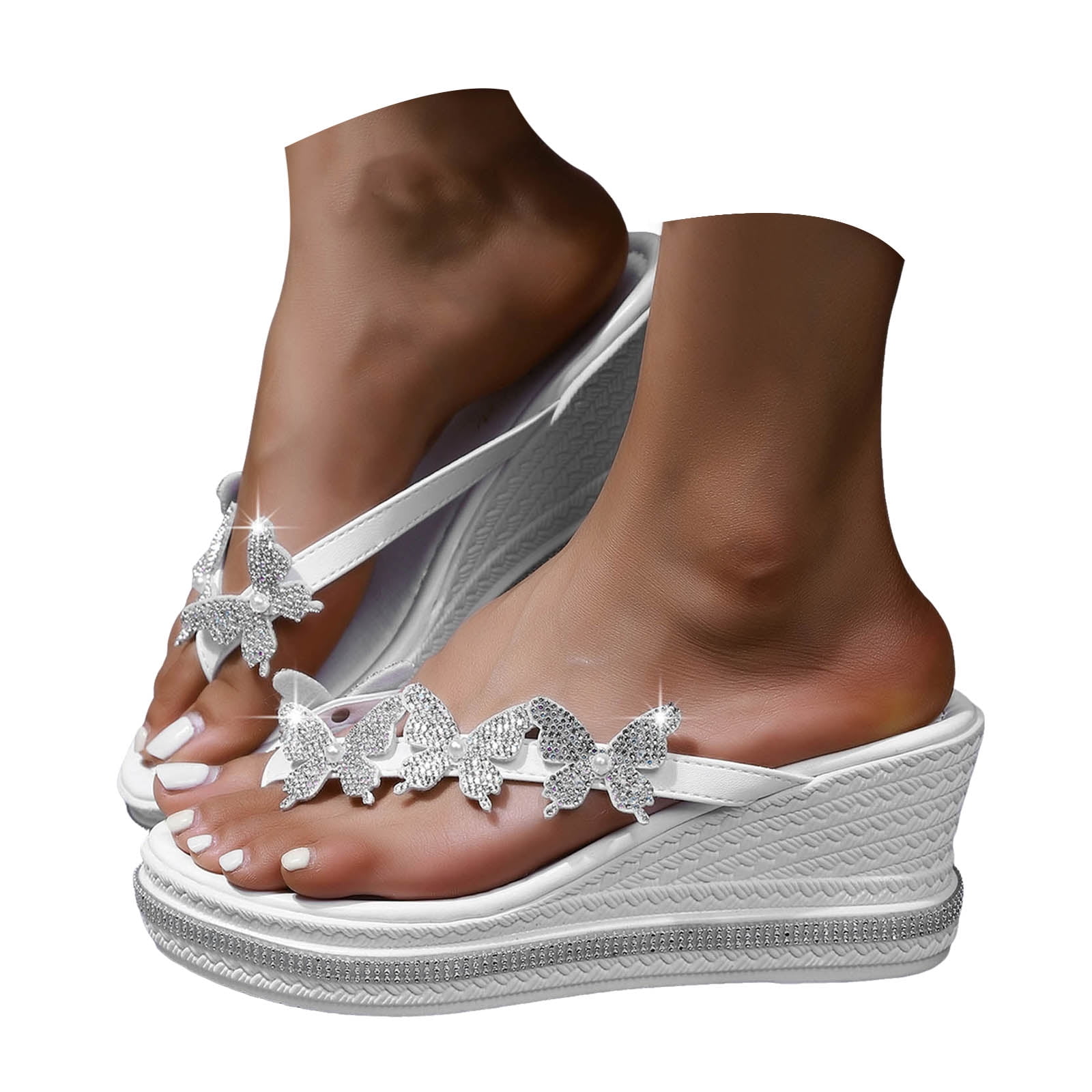 TANGQIOP Women'S Wedge Sandals Toe Strap Sandals with Rhinestone High ...