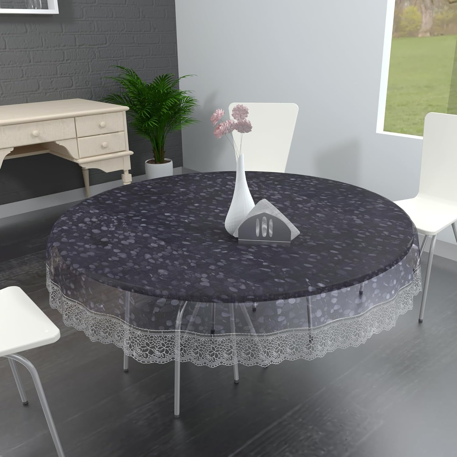 TANLOOMS PVC Bubble Transparent with Silver Lace 6 Seater Round Dining ...