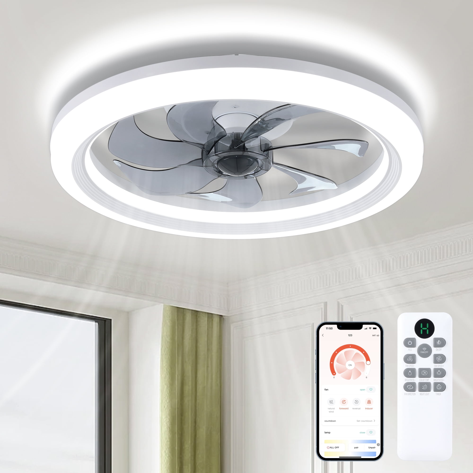 Agtana 20'' Round Blade Ceiling Fan with Dimmable LEDs Lights, 6-Speeds ...