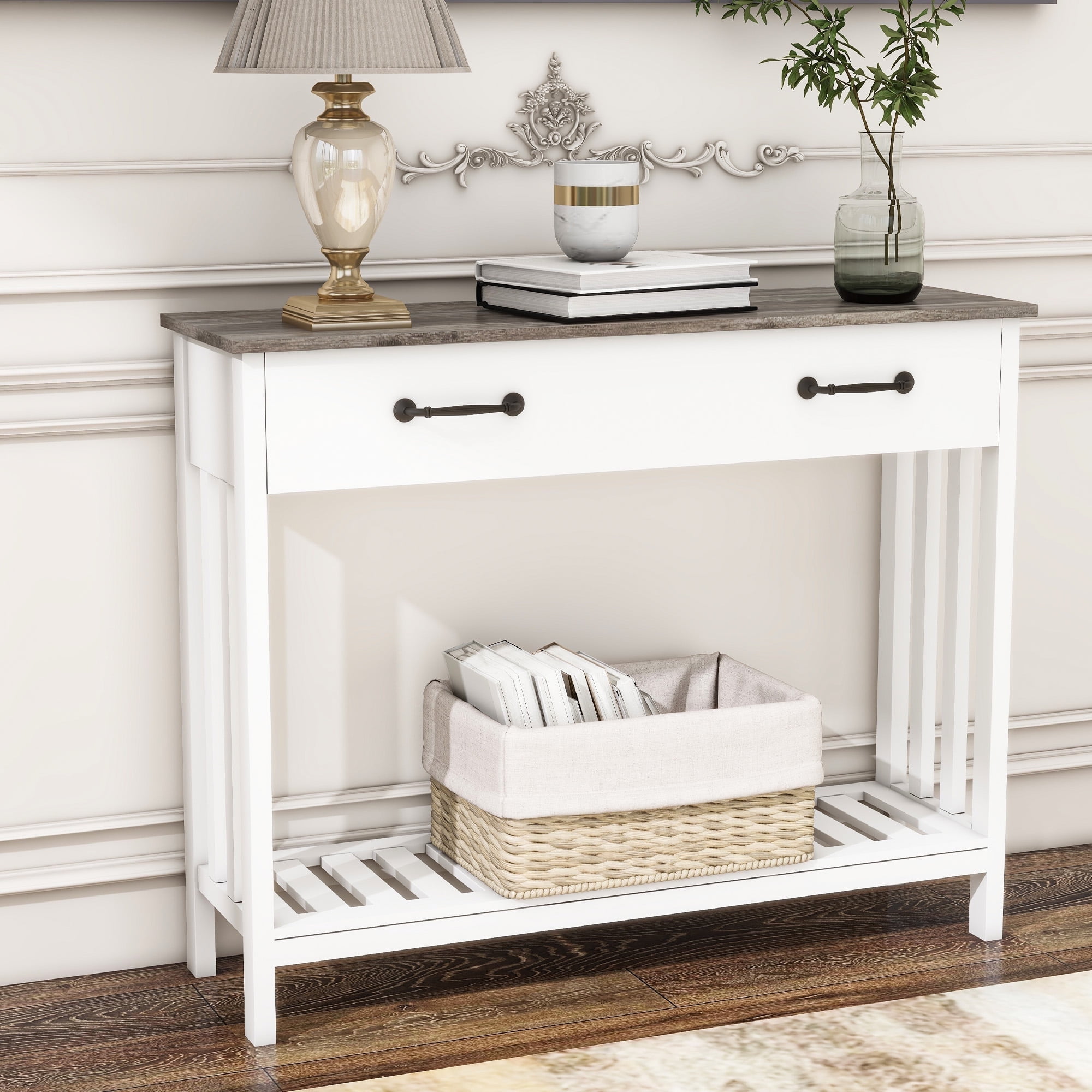 Edospaen Console Table with 2-Tier Storage Shelves, 2 Drawers, MDF ...