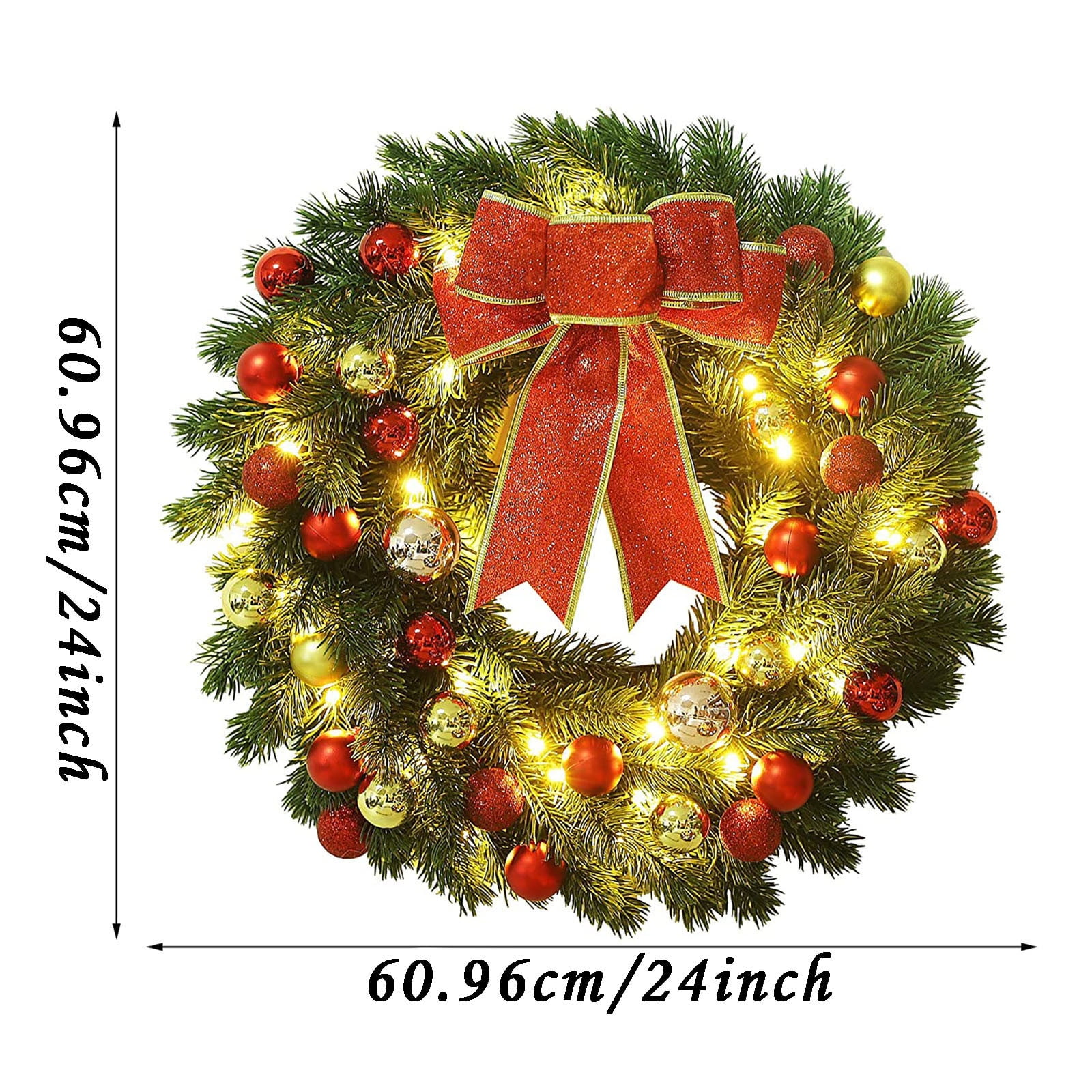 TAOZYAOYE Deals 24 Inch Pre-Lit Christmas Wreath, Large Red Bow and ...