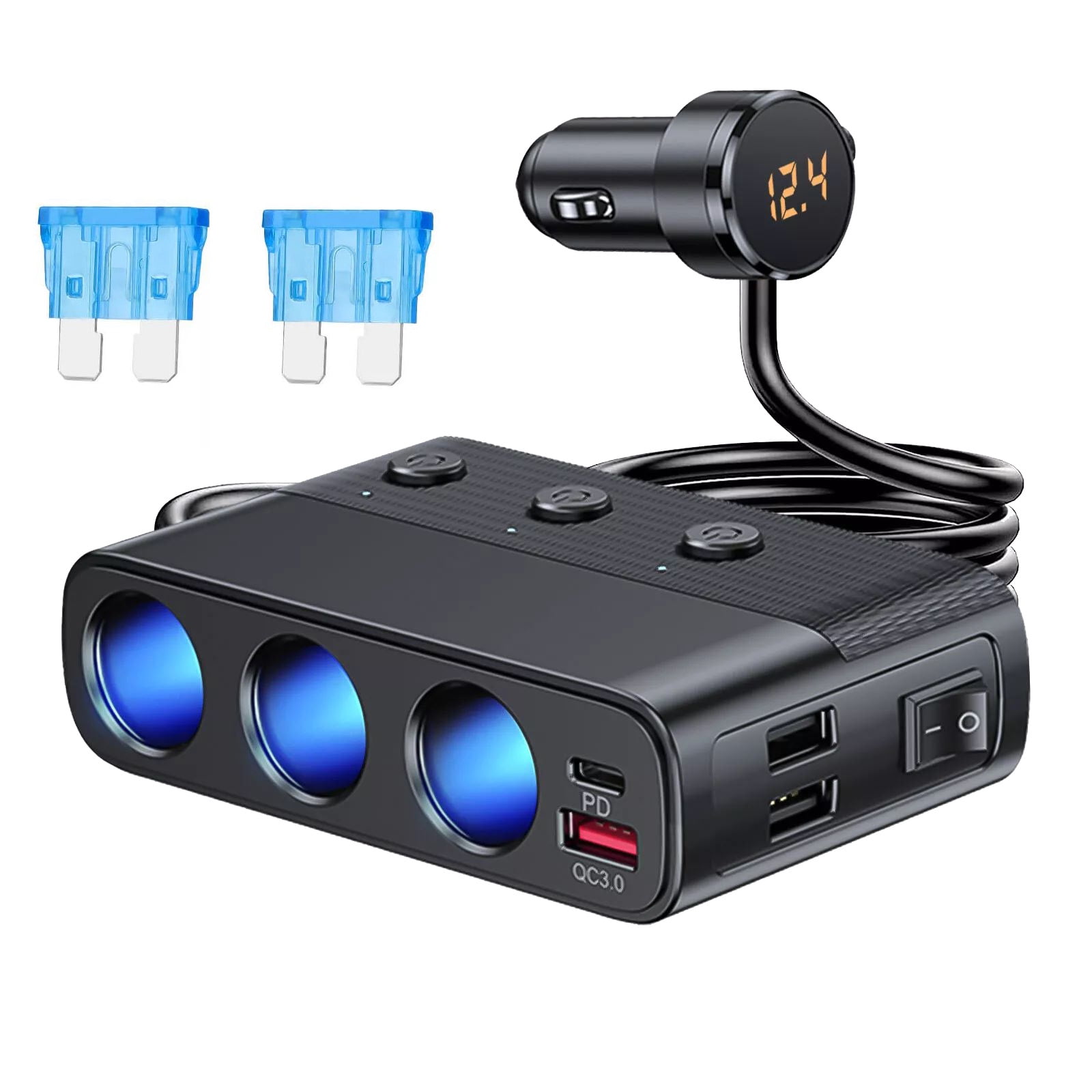 TAPDRA 12V/24V Car Socket Adapter 3-Way Splitter 127W Fast Charging 3.0 ...