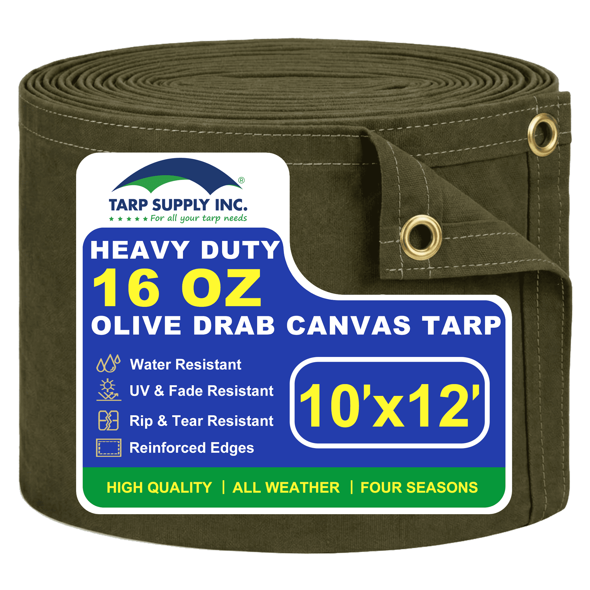 TARP SUPPLY Inc. 10' x 12' Heavy Duty Waterproof Olive Drab Canvas Tarp ...