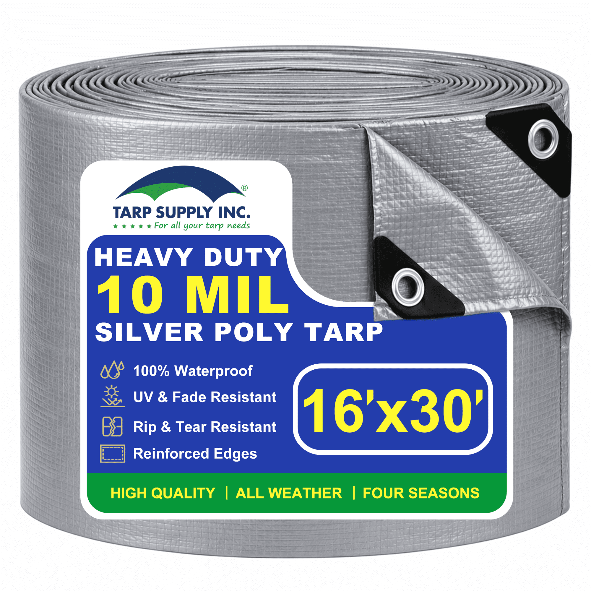 TARP SUPPLY Inc 16' x 30' Heavy Duty Silver Poly Tarp with Aluminum ...