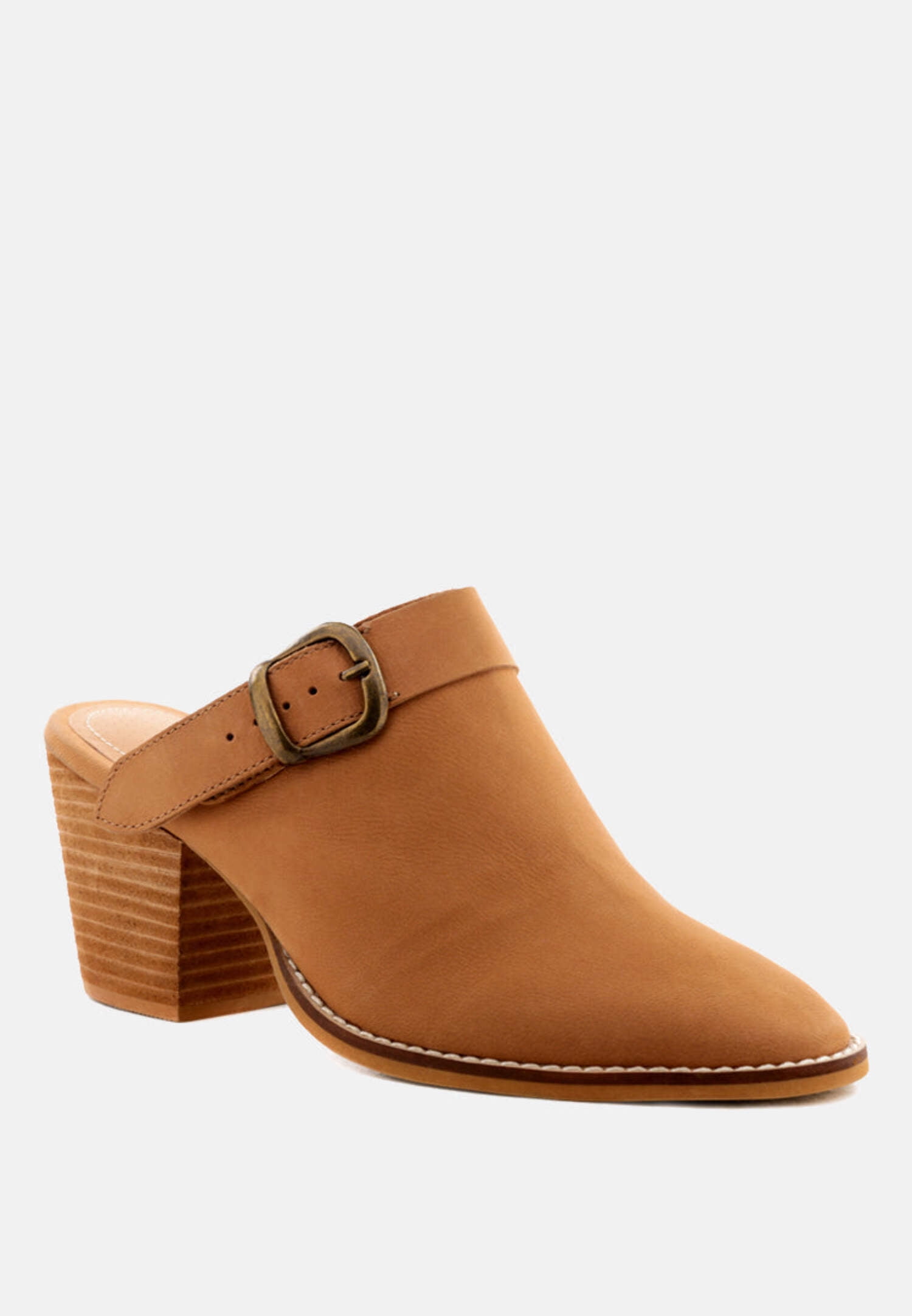 TARRAH Tan Stacked Heel Mules with Adjustable Buckle - Walmart.com