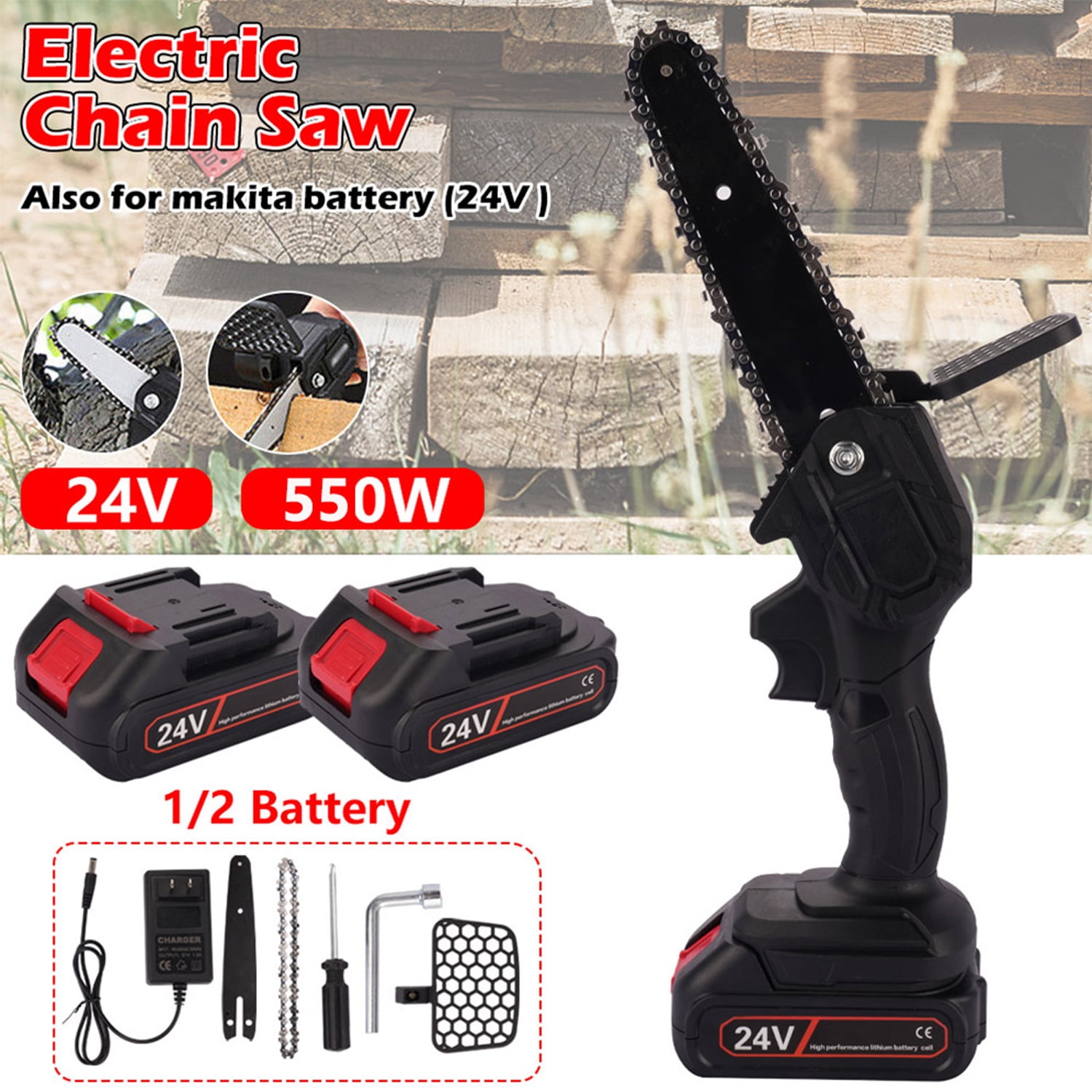 TASHHAR Electric Chainsaw 6 Inch 24V Battery Powered Outdoor Wireless ...