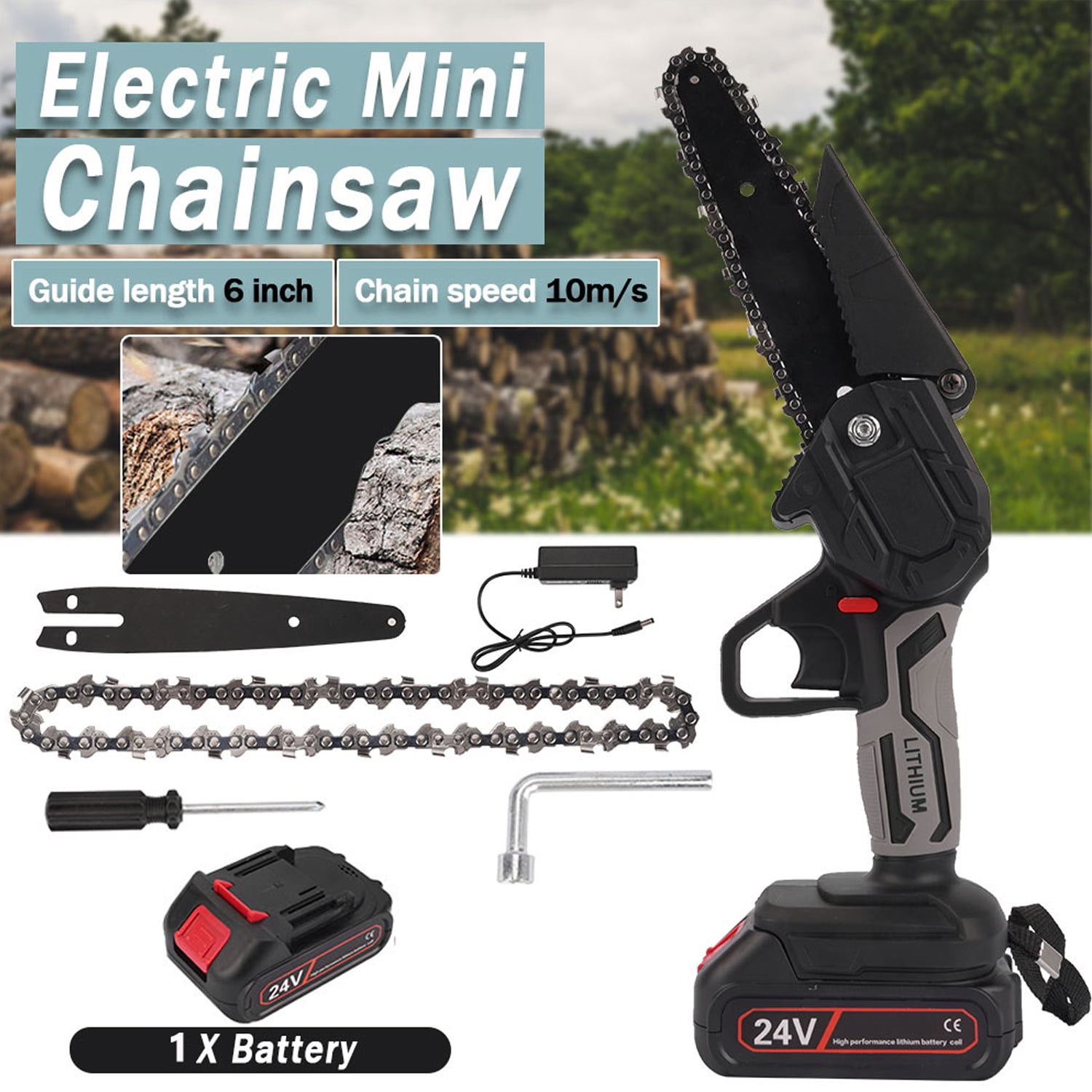 TASHHAR Electric Chainsaw 6 Inch 24V Battery Powered Outdoor Wireless ...