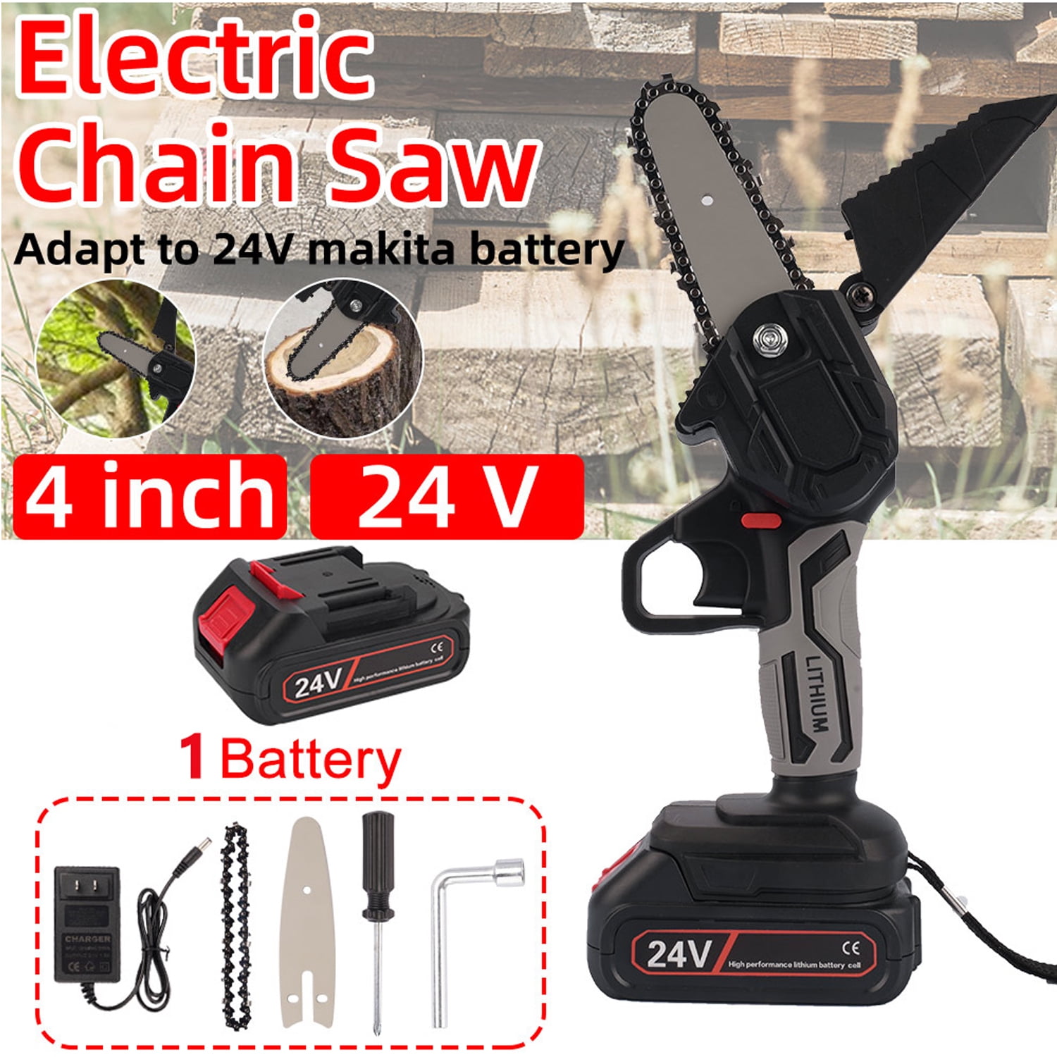 TASHHAR Mini Electric Chainsaw 4 Inch 24V Battery Powered Outdoor ...