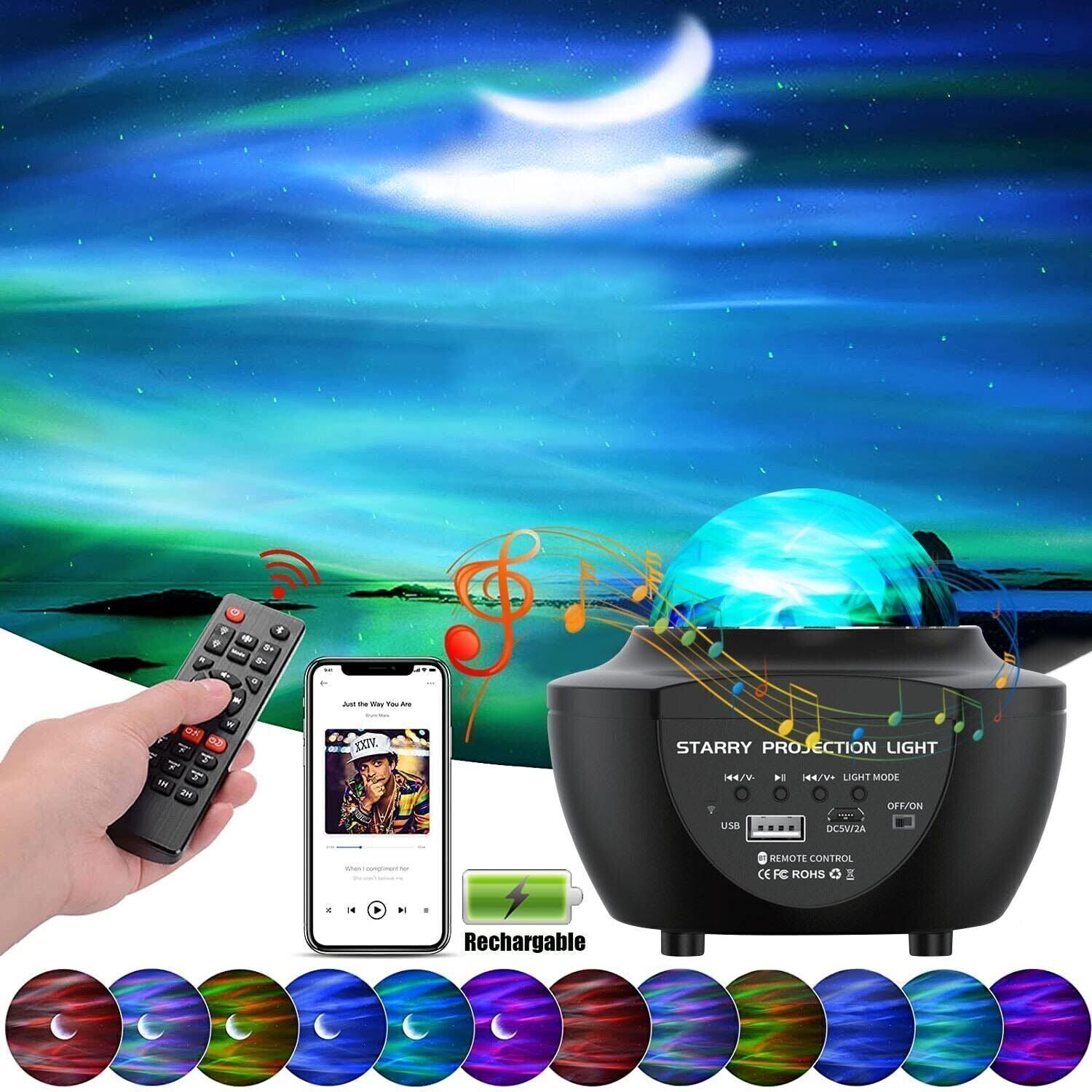 TASHHAR Night Light Star Projector Water Ripple Moon Starry Sky LED ...