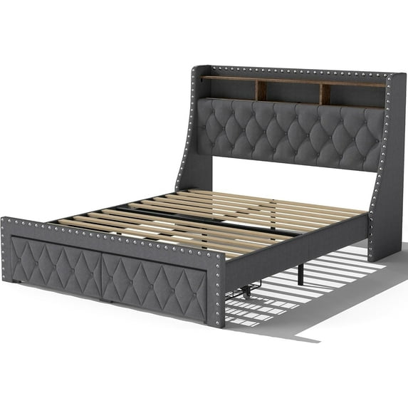 TATAGO Bed Frame with Headboard Upholstered (3-Tier Storage), Metal Bed ...