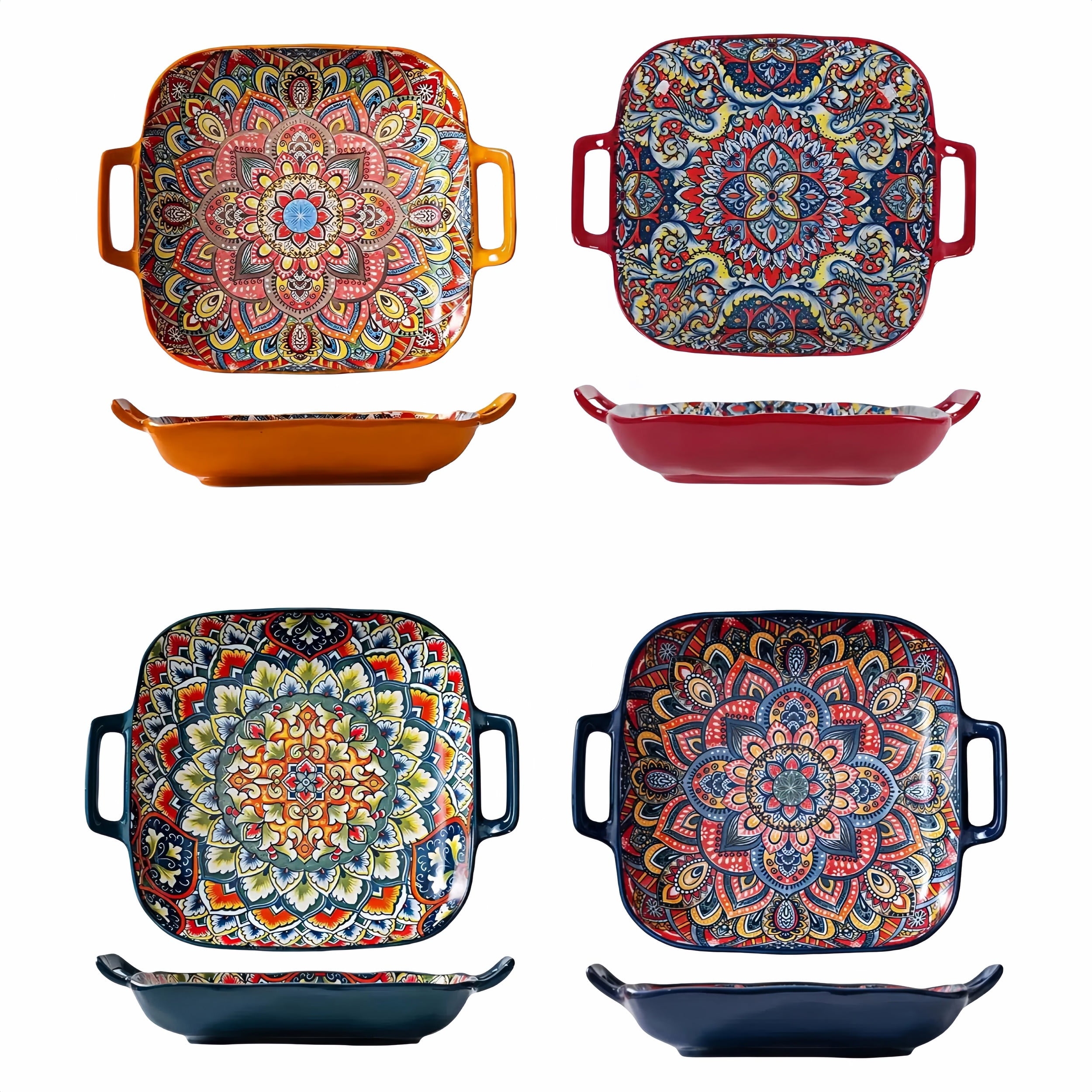 TAUFIK 4pcs Boho Dinner Plate with Handle, 9inch Decorative Square ...