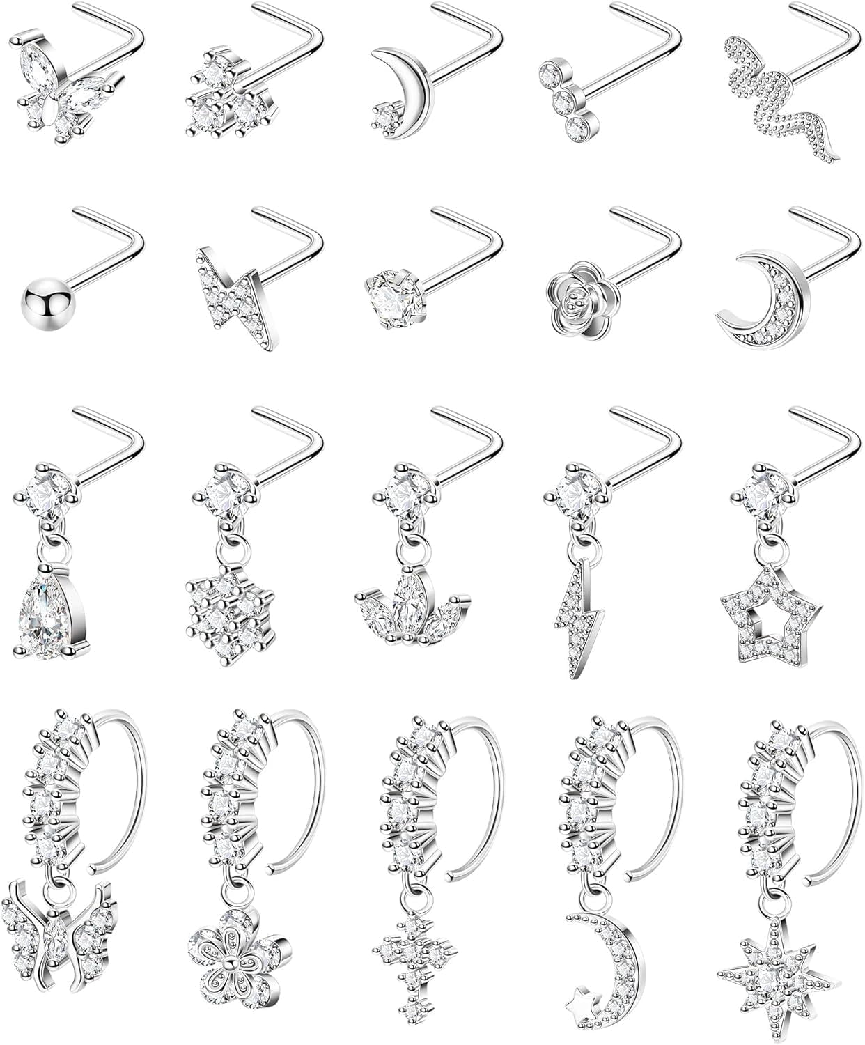 TAVENE 20PCS 20G Surgical Steel Dangle Nose Rings for Women L Shaped ...