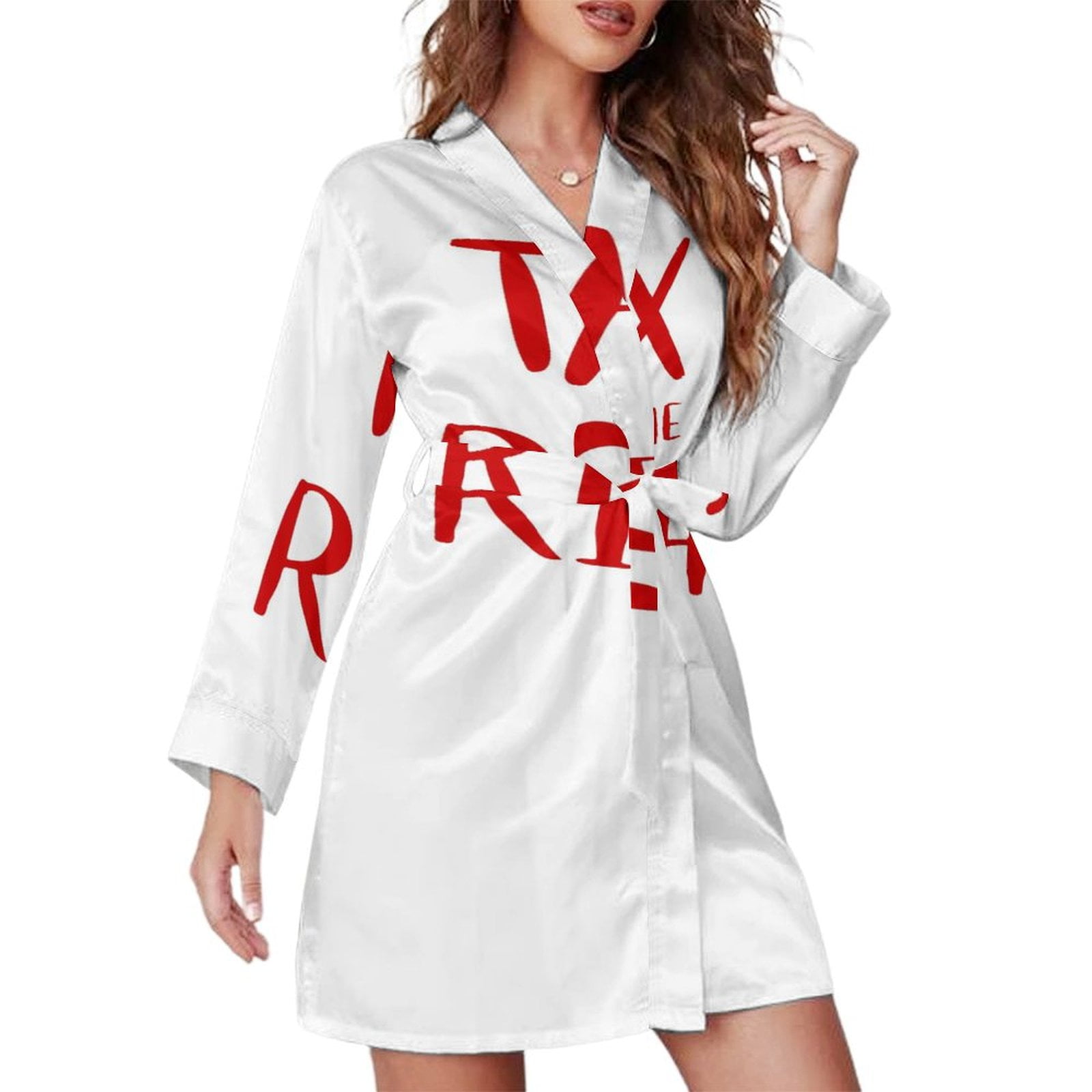 TAX THE RICH RED LETTERING Night Robe Long Sleeve V Neck Robe With Belt ...