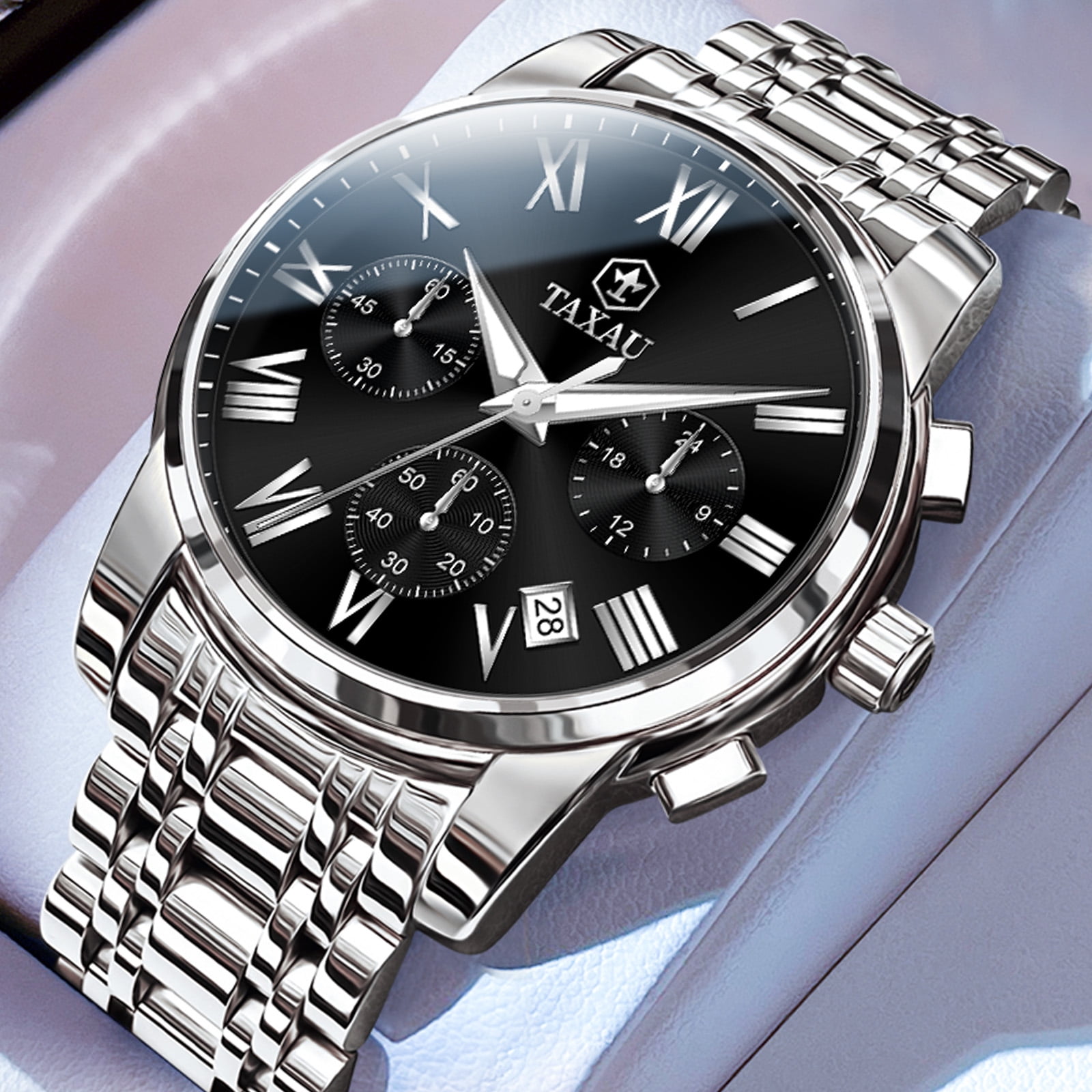 TAXAU Black Watches For Men Silver Watches For Men Large Face Watches ...