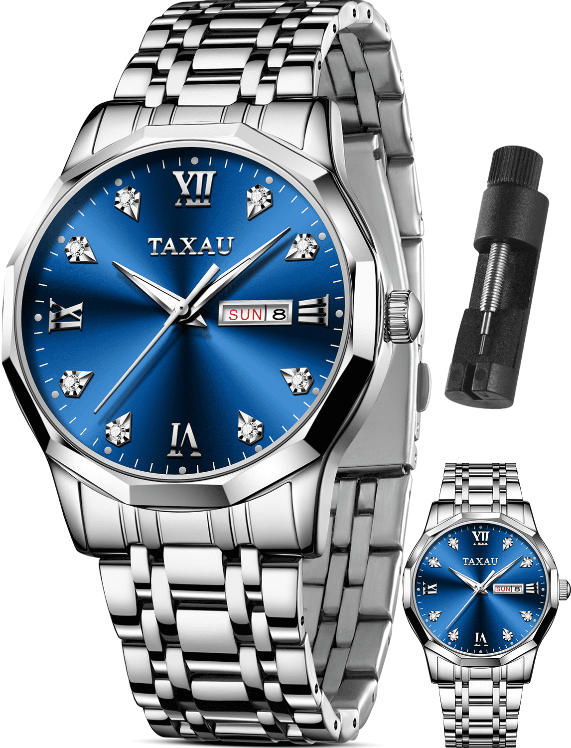TAXAU Business Blue Dial Mens Watches Sliver Stainless Steel Watches ...