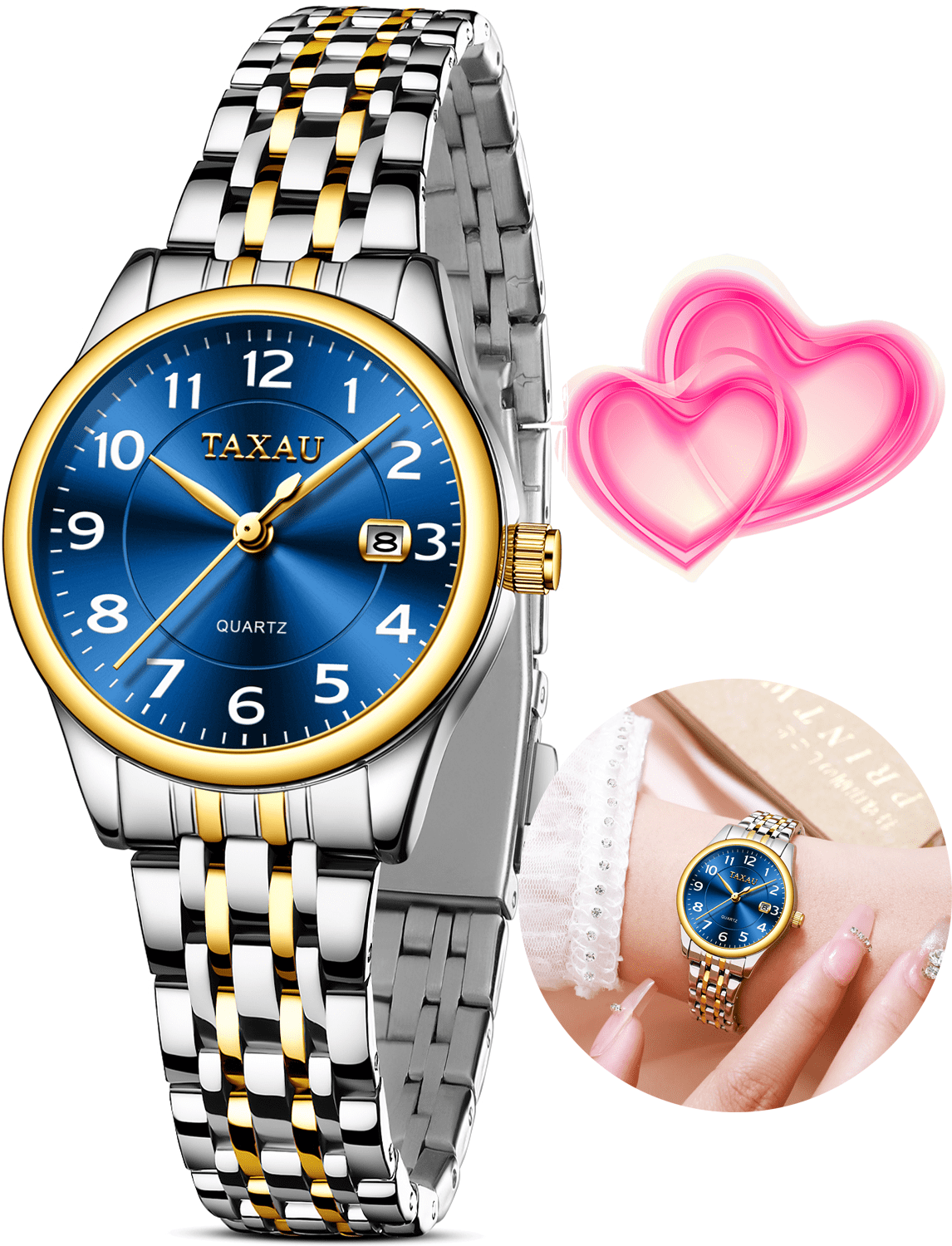 TAXAU Gold Sliver Band Womens Watches Casual Blue Face Watches For ...