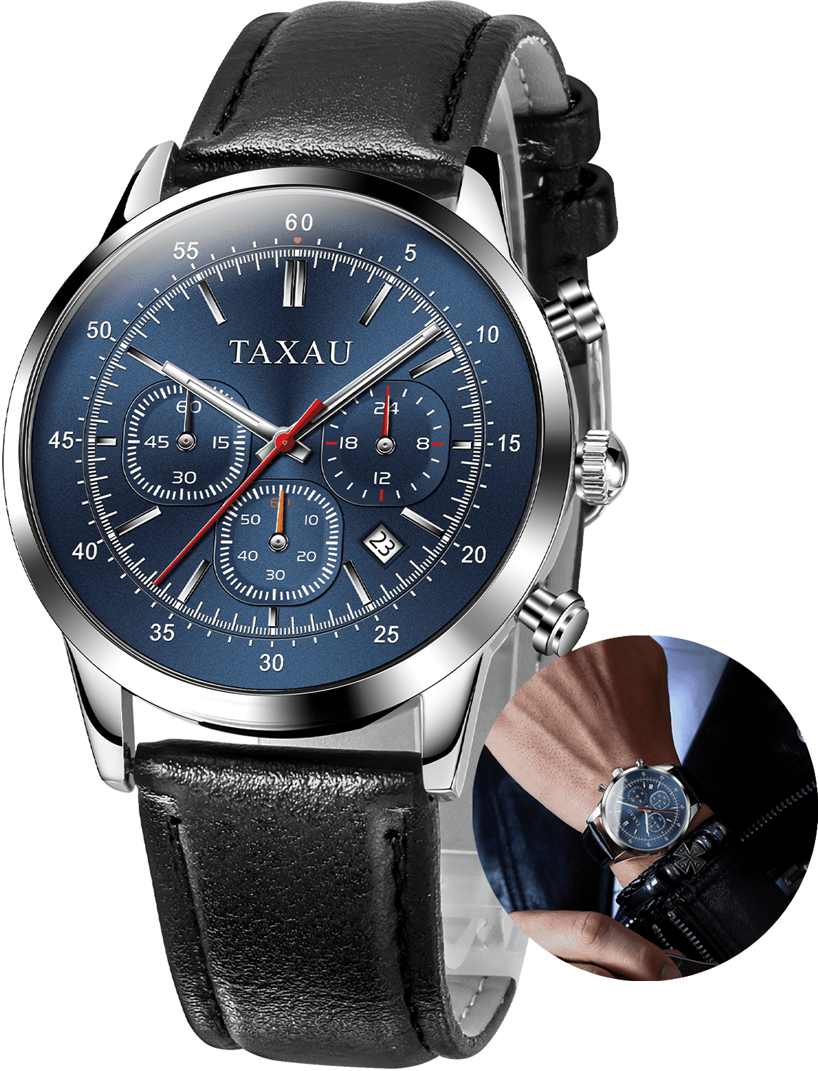 TAXAU Men Large Blue Face Watches Fashion Black Leather Strap Watches ...