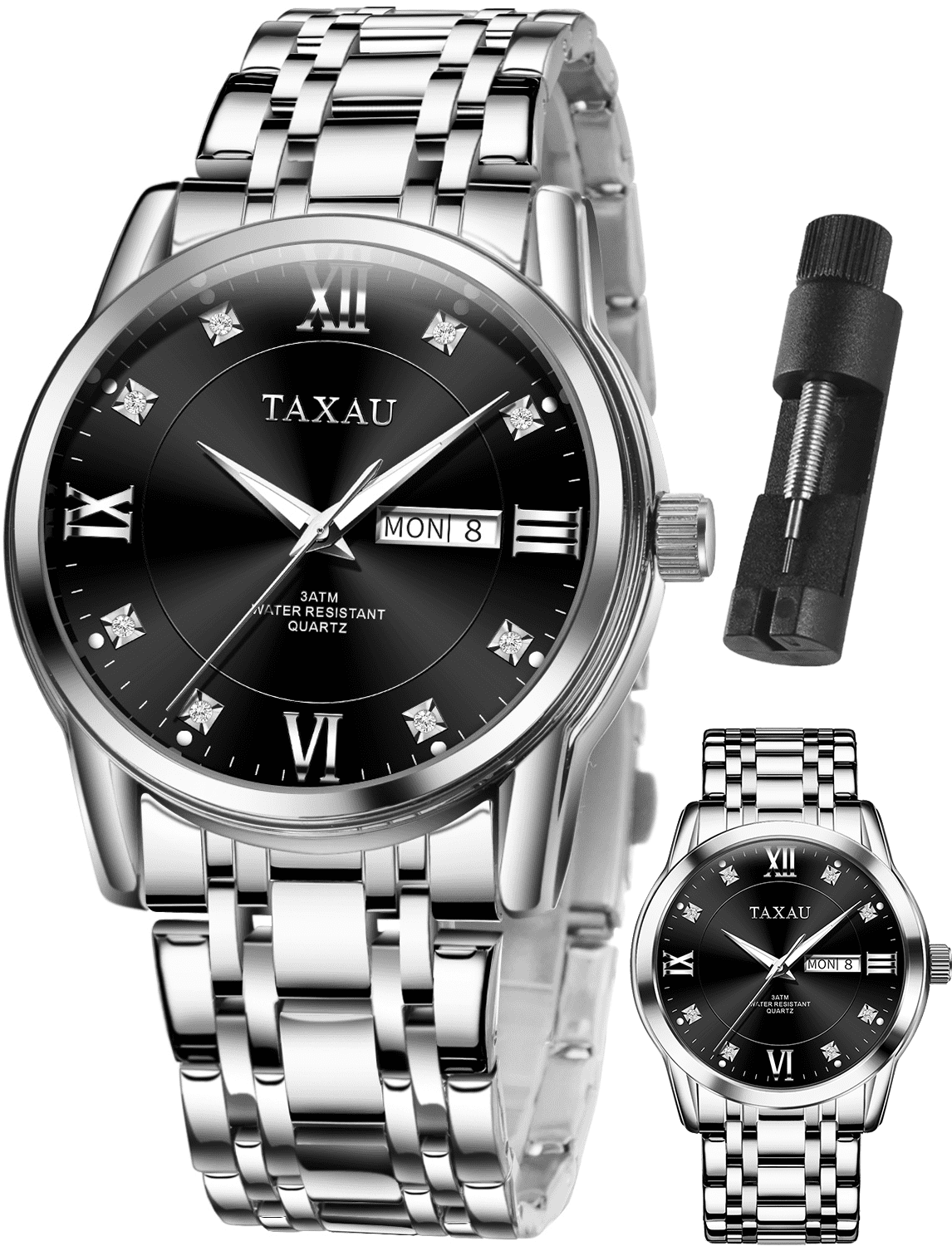 TAXAU Men Sliver Watches Fashion Black Dial Watches For Men Analog ...