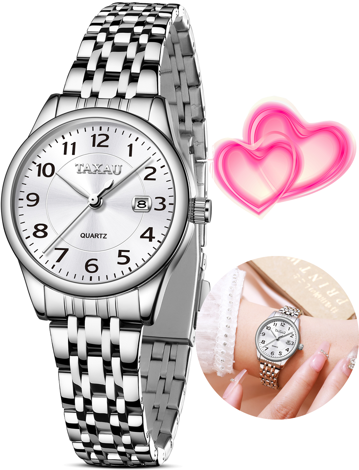 TAXAU Womens Elegant Sliver Watches Classic Date Watches For Women Sliver Stainless Steel Band ...