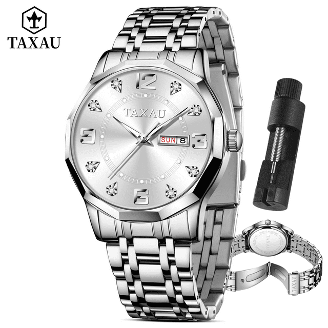TAXAU Sliver Watches For Men Large White Dial Mens Watches Sliver ...