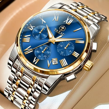 OLEVS Men's Luxury Watch, Blue Face, Gold and Silver Stainless Steel ...