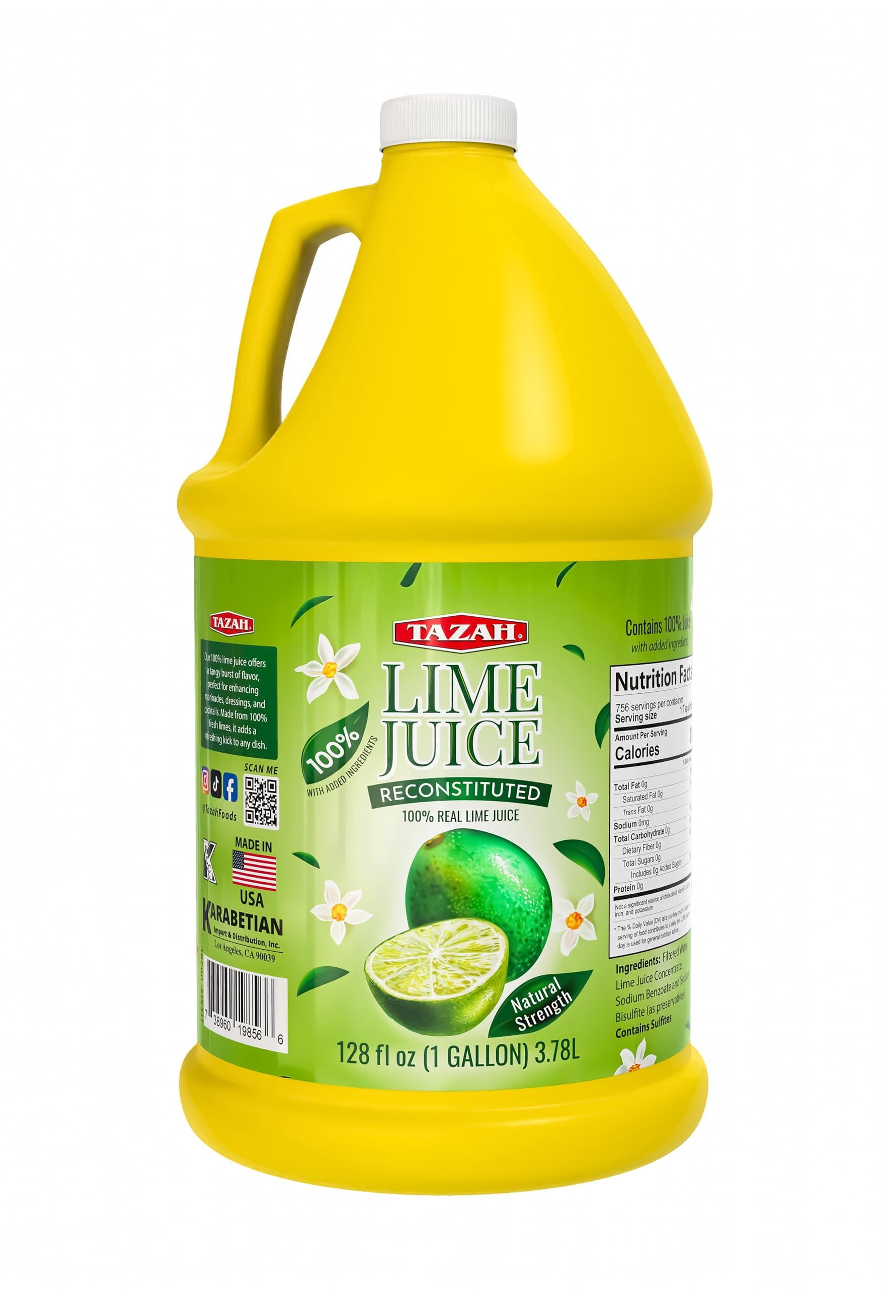 TAZAH 100% Real Lime Juice, Reconstituted 128 fl oz 1 Gallon 3.78L ...