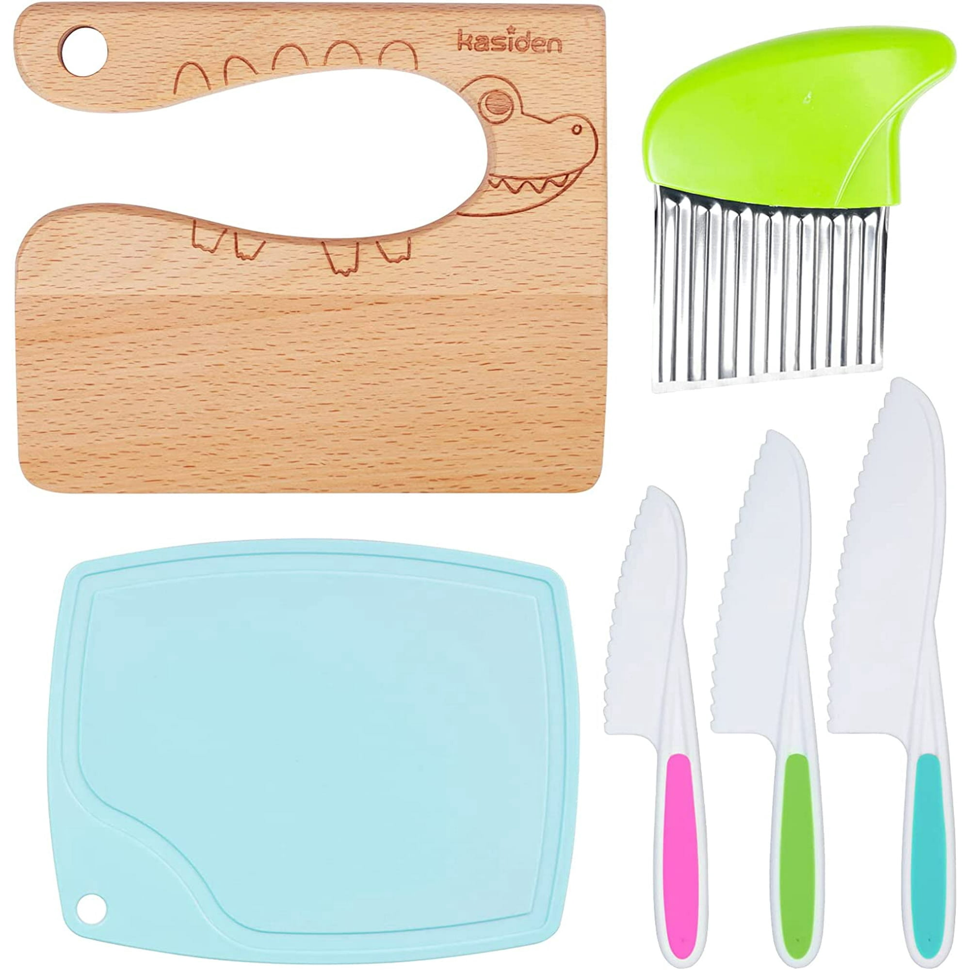 TAZEMAT 6-Piece Kids Kitchen Set: Wooden Knife, Cutting Board, Crinkle ...